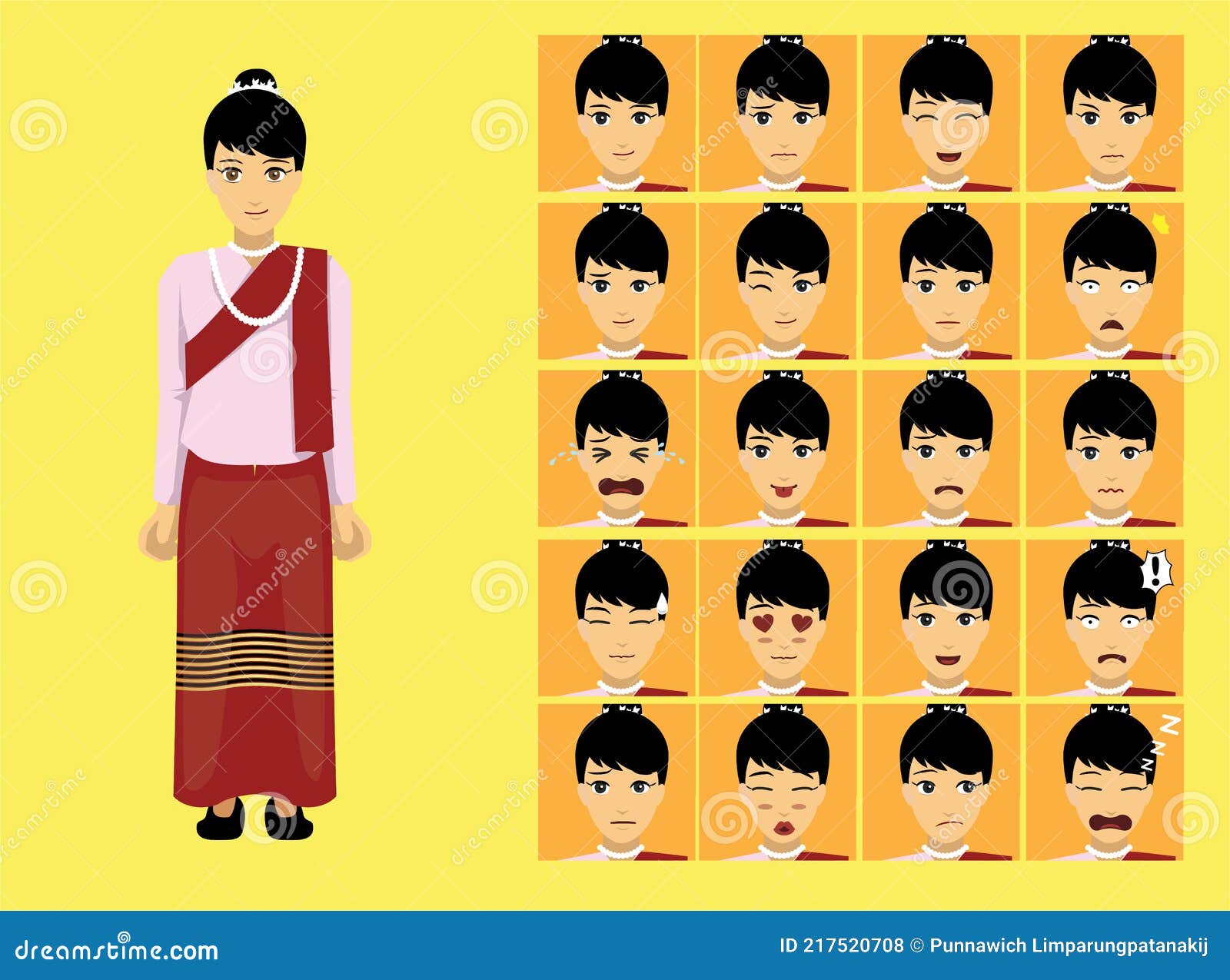 Manga Style Myanmar Mon Woman Clothes Cartoon Character Emotion Stock ...