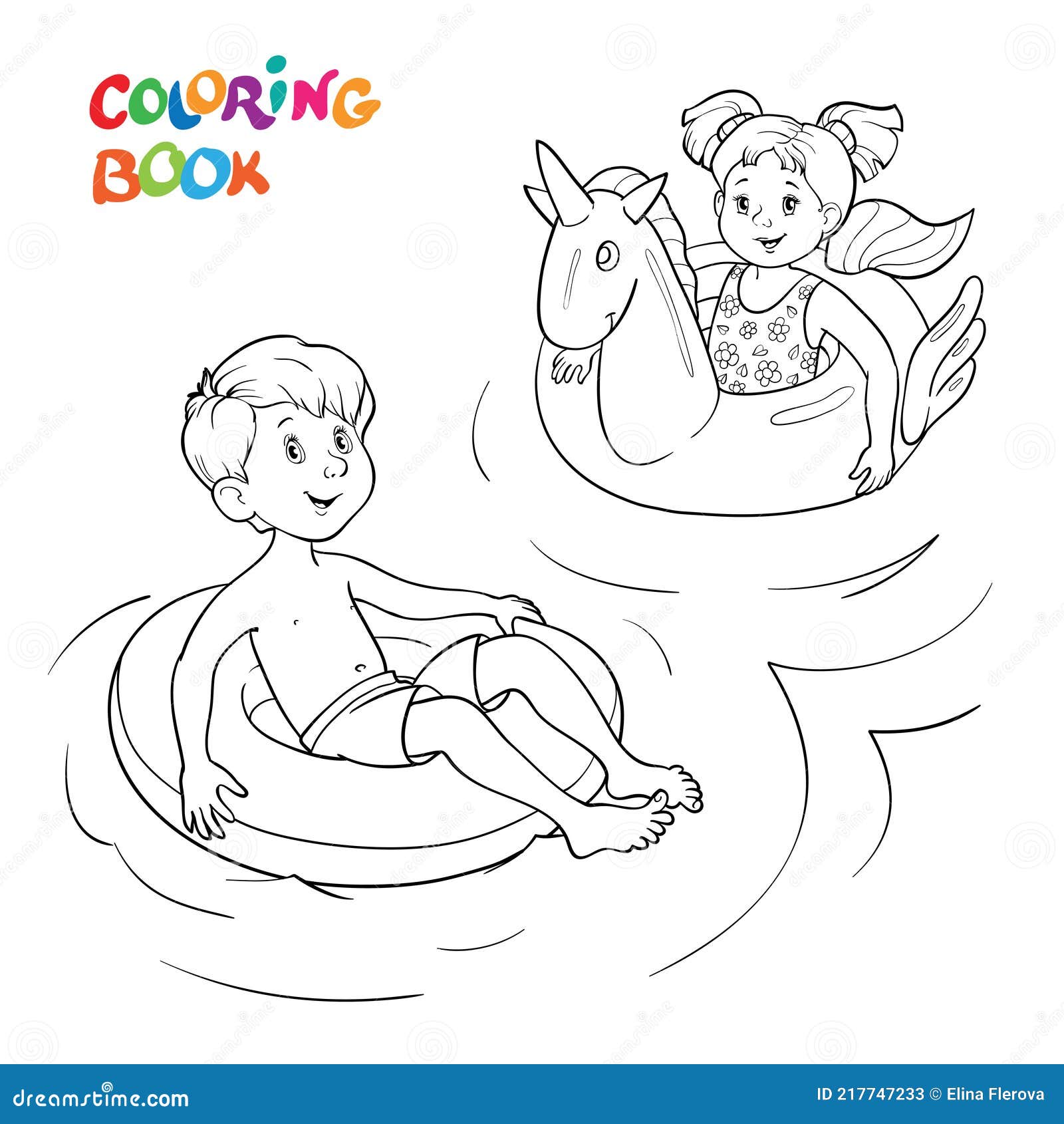 Coloring Page. Happy Children Swim on Rubber Rings in the Water Stock ...