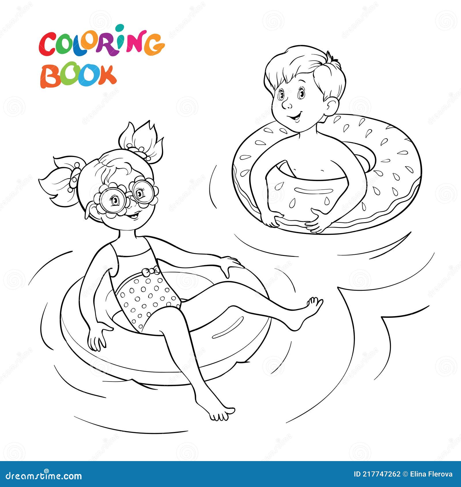 Coloring Page. Happy Children Swim on Rubber Rings in the Water Stock ...