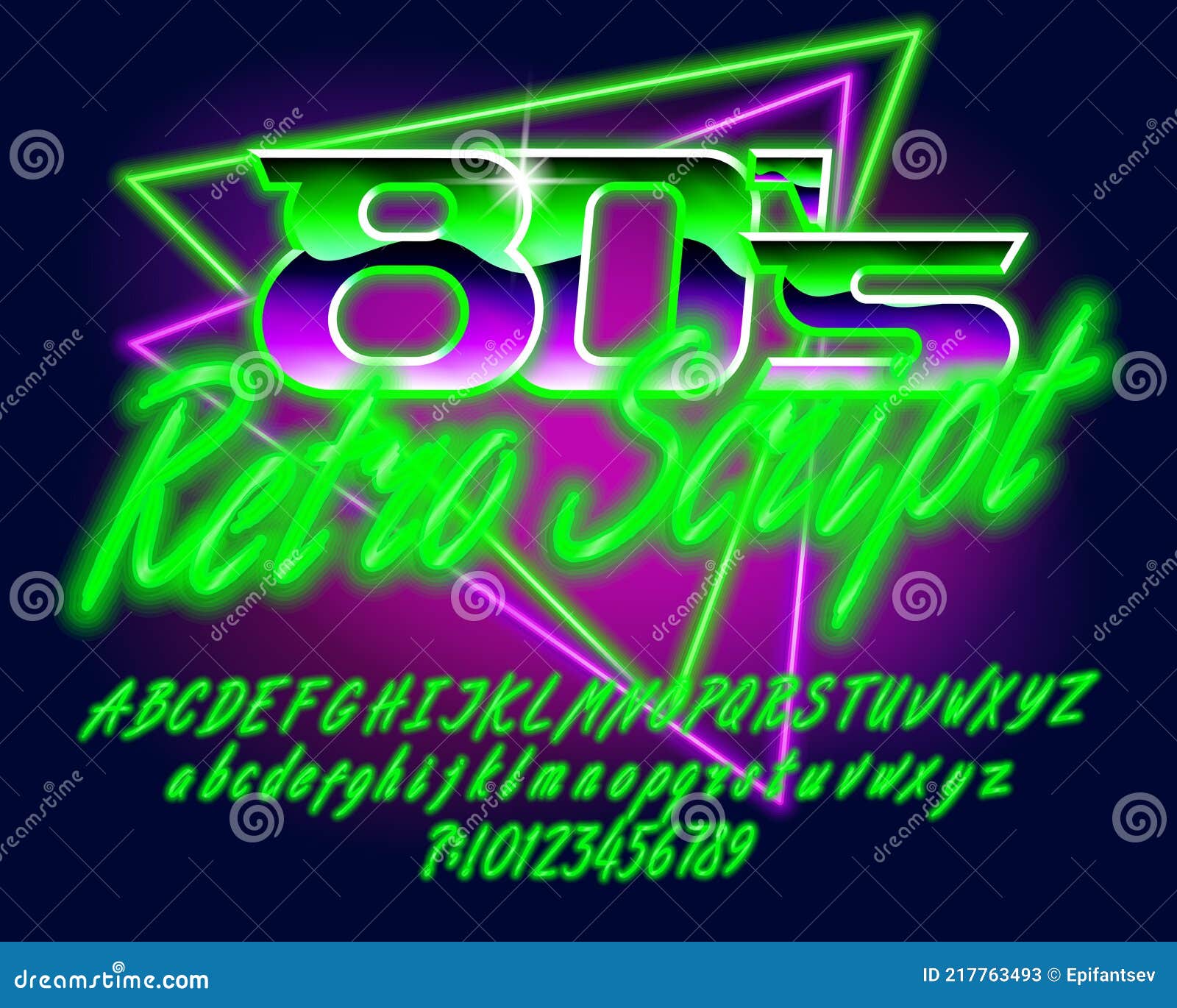 80s Retro Script Alphabet Font. Hand Drawing Glowing Letters, Numbers ...