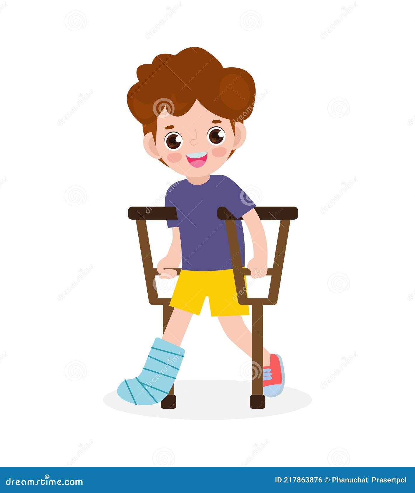 Asian Kid Injured With Broken Leg In Gypsum. Little Children Standing ...