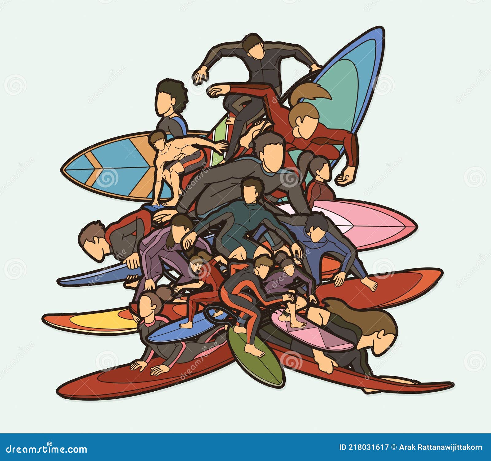 Surfer Action Group of Surfing Sport Male and Female Players Cartoon ...