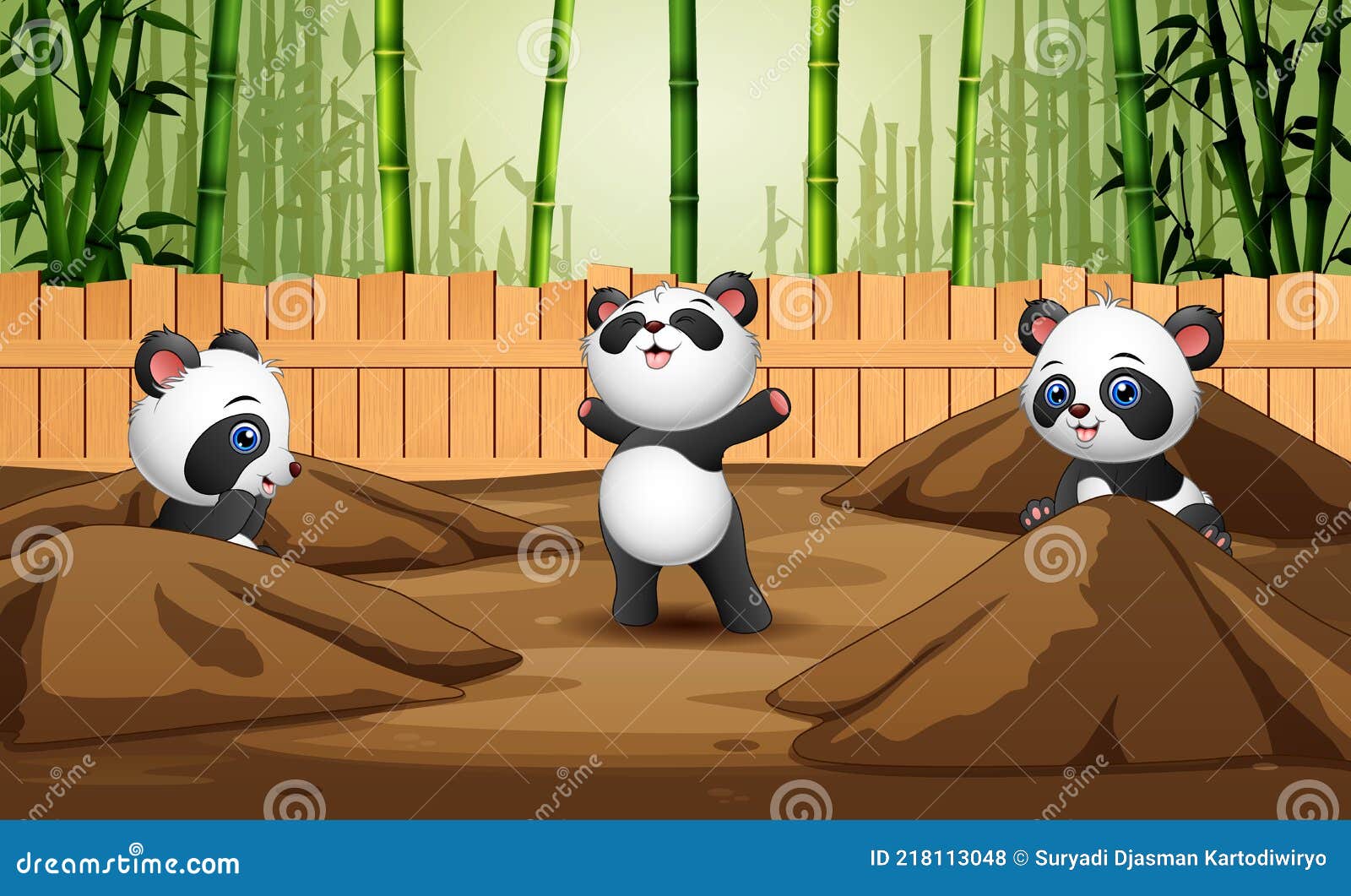 Cartoon of Three Pandas Playing in the Open Cage Stock Vector ...