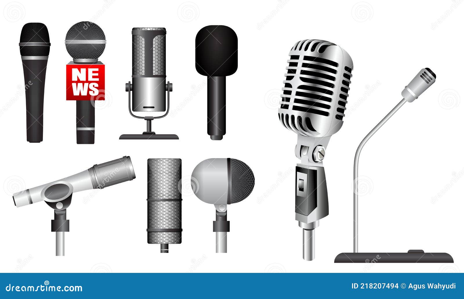 Set of Realistic Microphone or Mic Standing at Podium or Classic Mic ...