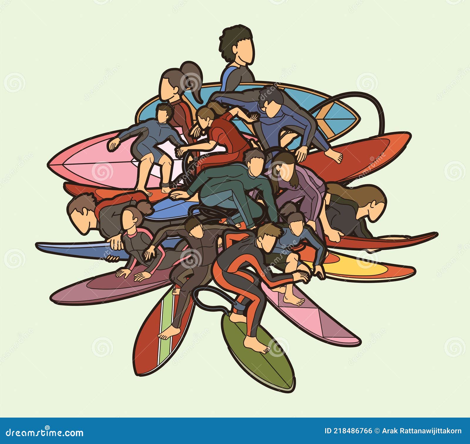 Surfer Action Group of Surfing Sport Male and Female Players Cartoon ...