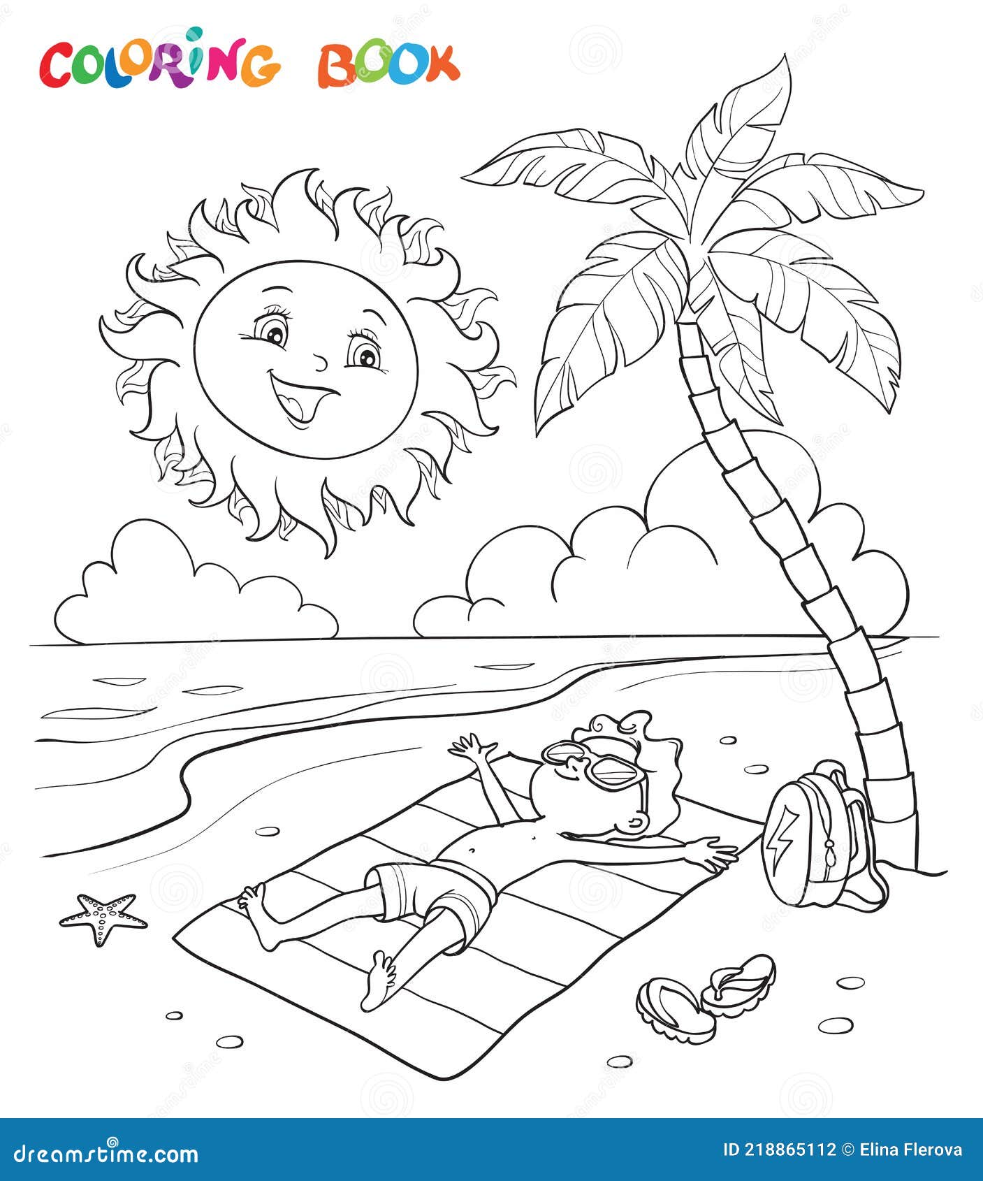 Coloring. the Boy Sunbathes on the Beach Near the Sea, the Sun Looks at ...