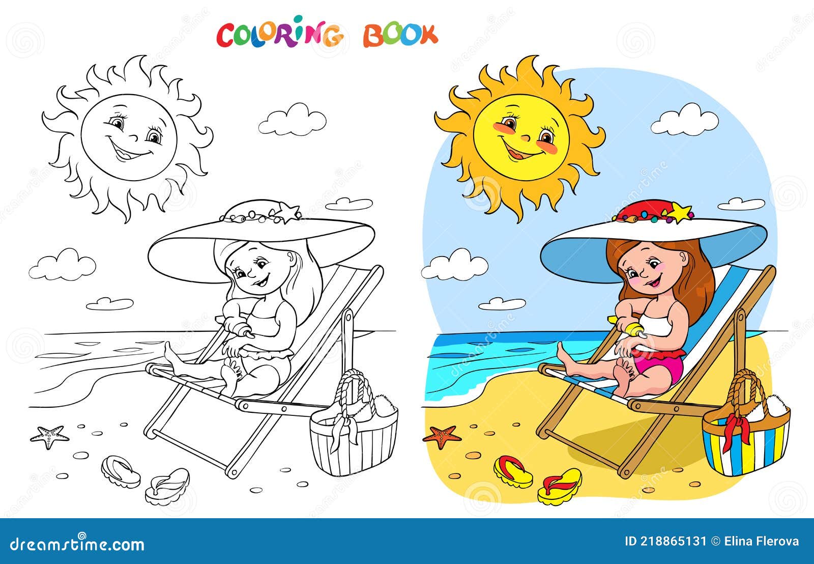 Coloring. a Girl in a Swimsuit Sits on a Lounger and Smears Herself ...