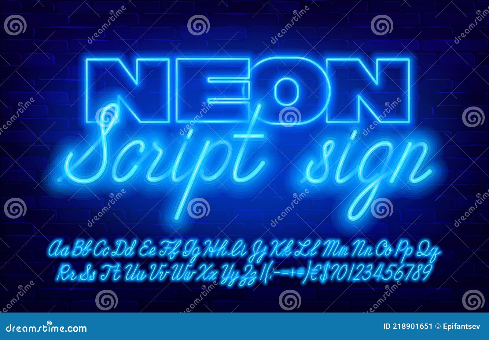 Neon Script Sign Font. Blue Neon Color Letters and Numbers and ...