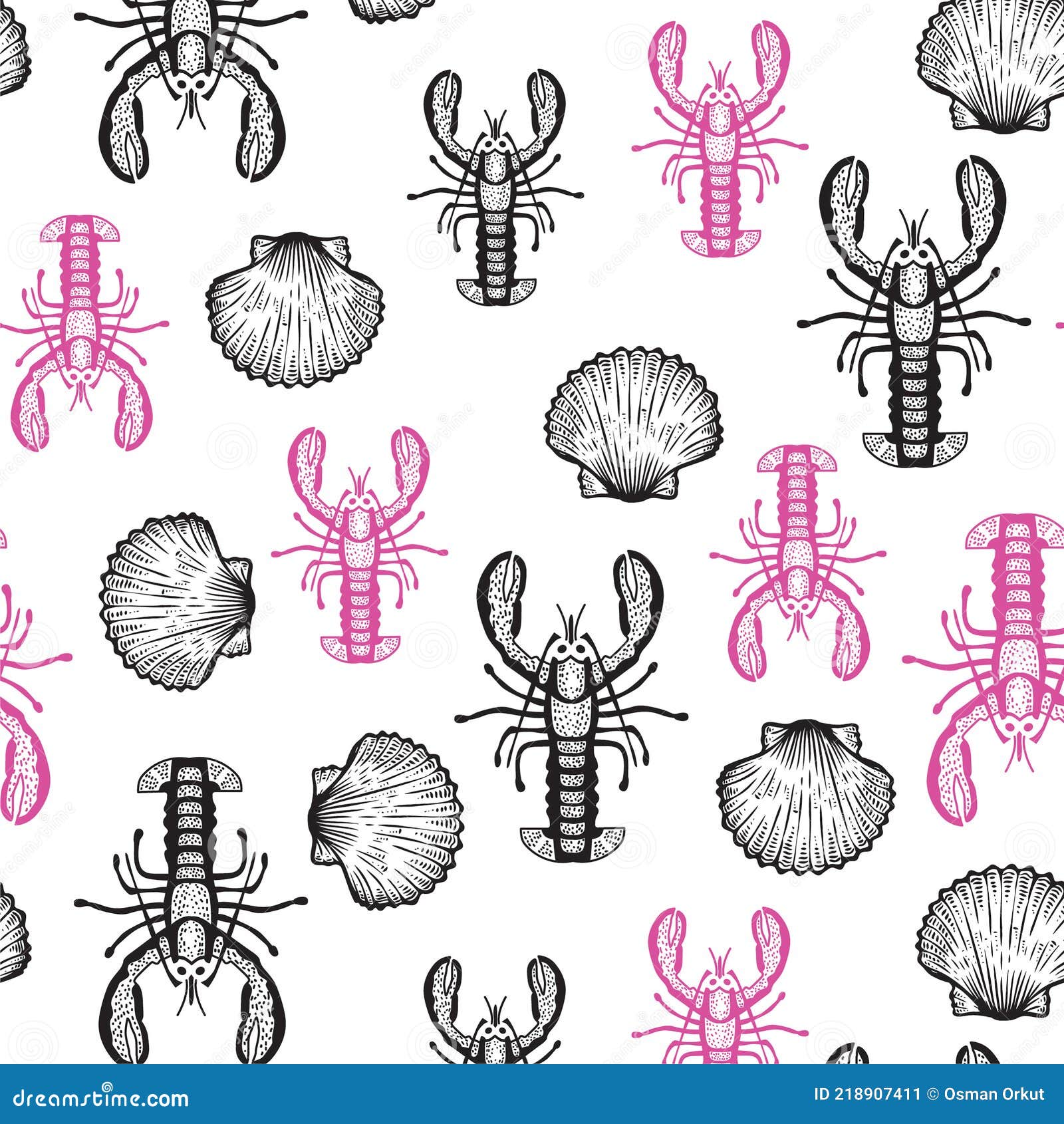 Lobster and Sea Shells Pattern Stock Vector - Illustration of gourmet ...