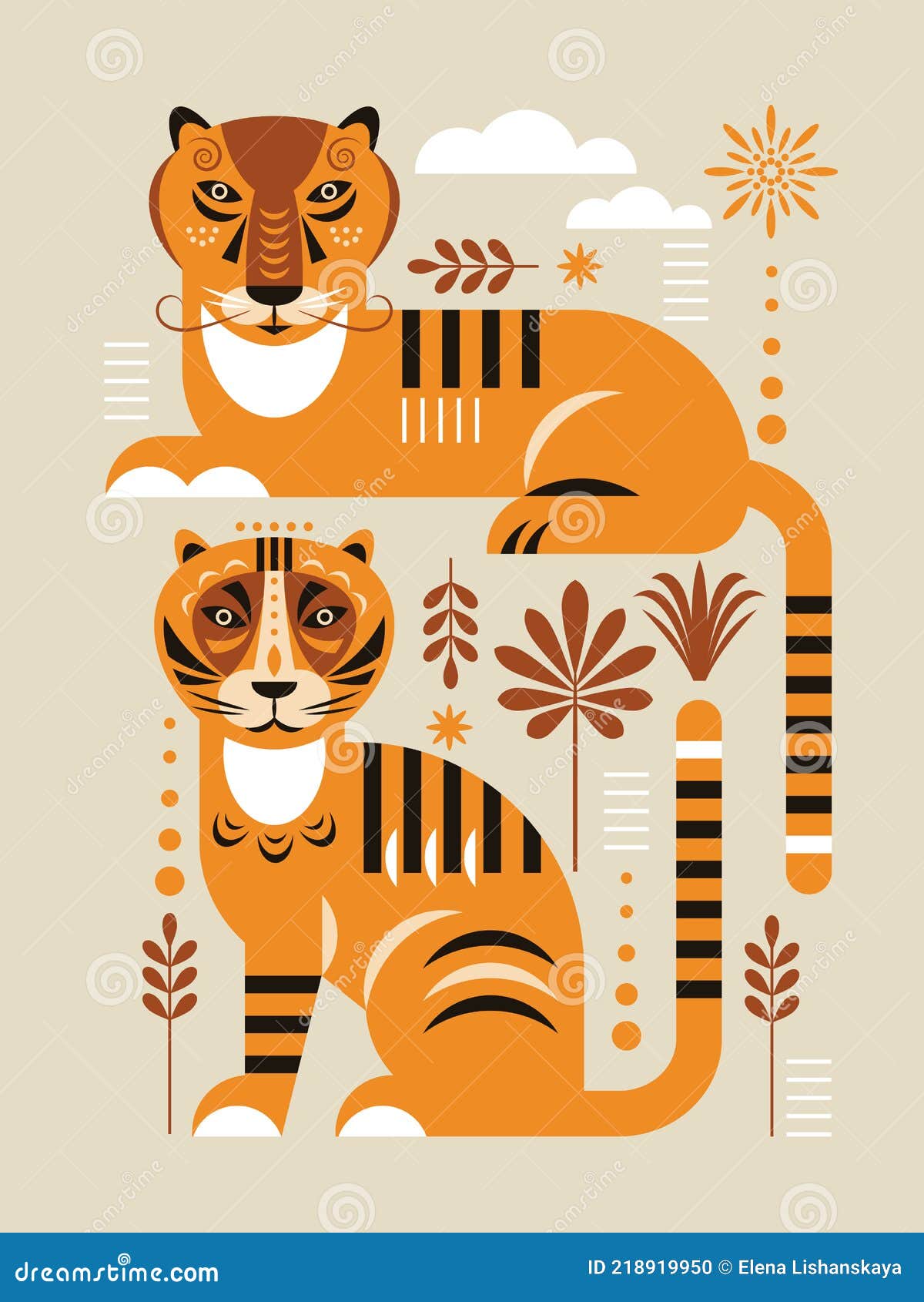 Two Tigers. Flat Design. Poster, Card, Banner Design. Stock Vector ...