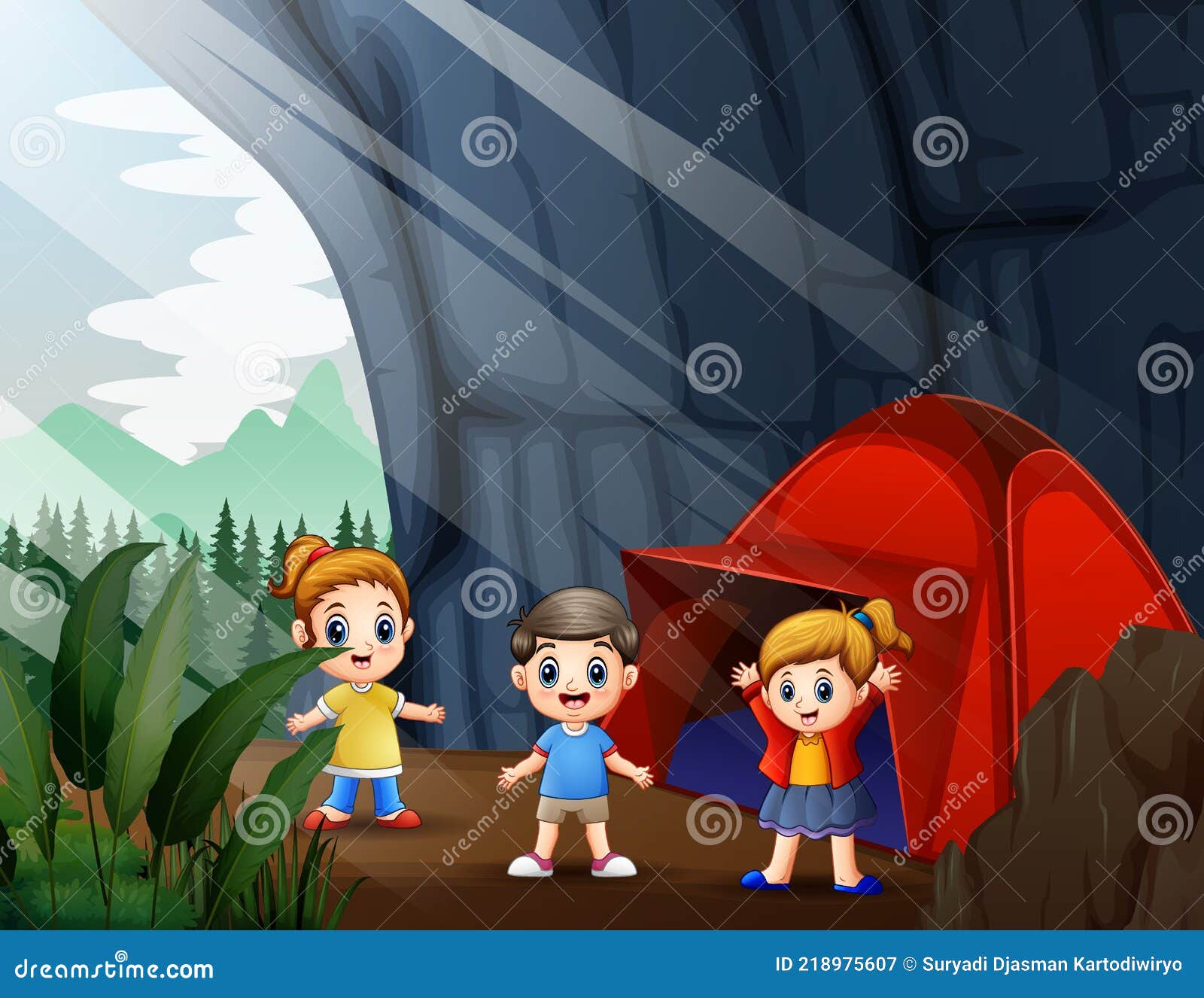 Happy Children Camping Out in the Cave Stock Vector - Illustration of ...