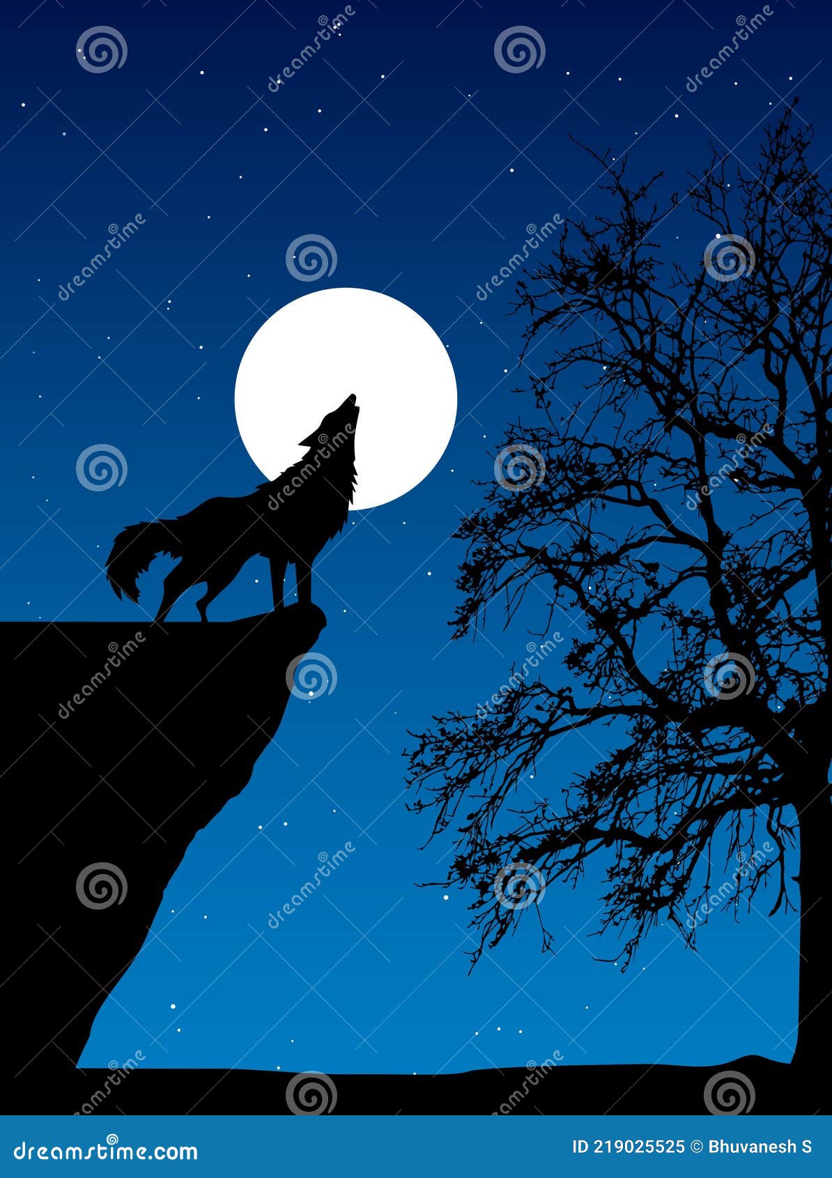 Nature Landscape Design Concept of Full Moon, Dry Tree and Wolf Stock ...