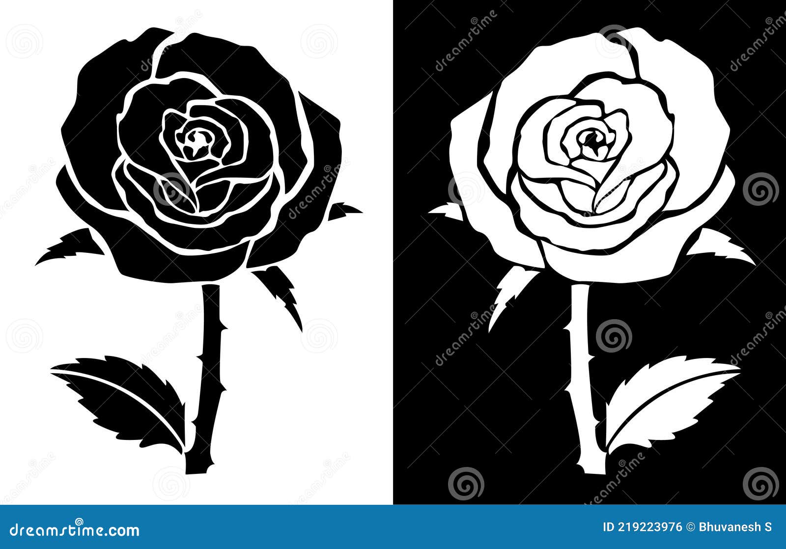 Rose With Stem, Thorn And Leaves - Scroll Saw Vector Illustration ...