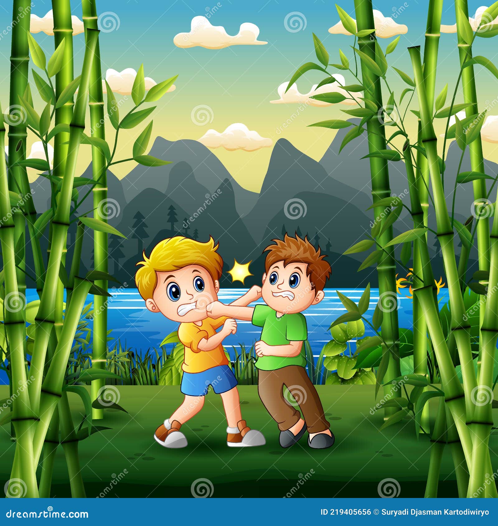 Cartoon of Two Boys Fighting and Hitting Each Other Stock Illustration ...
