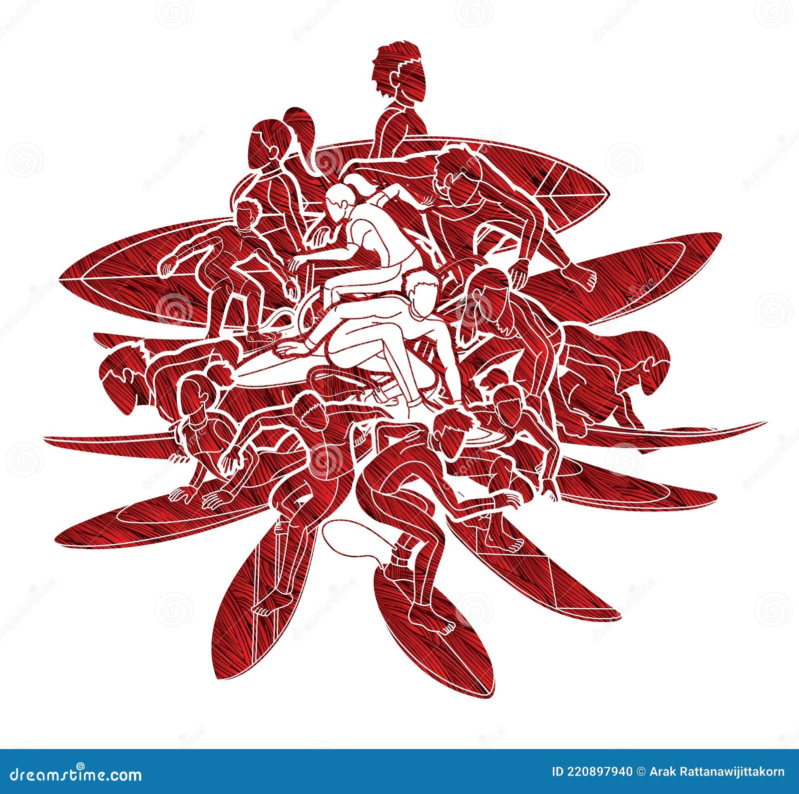 Surfer Action Group of Surfing Sport Man and Woman Players Cartoon ...