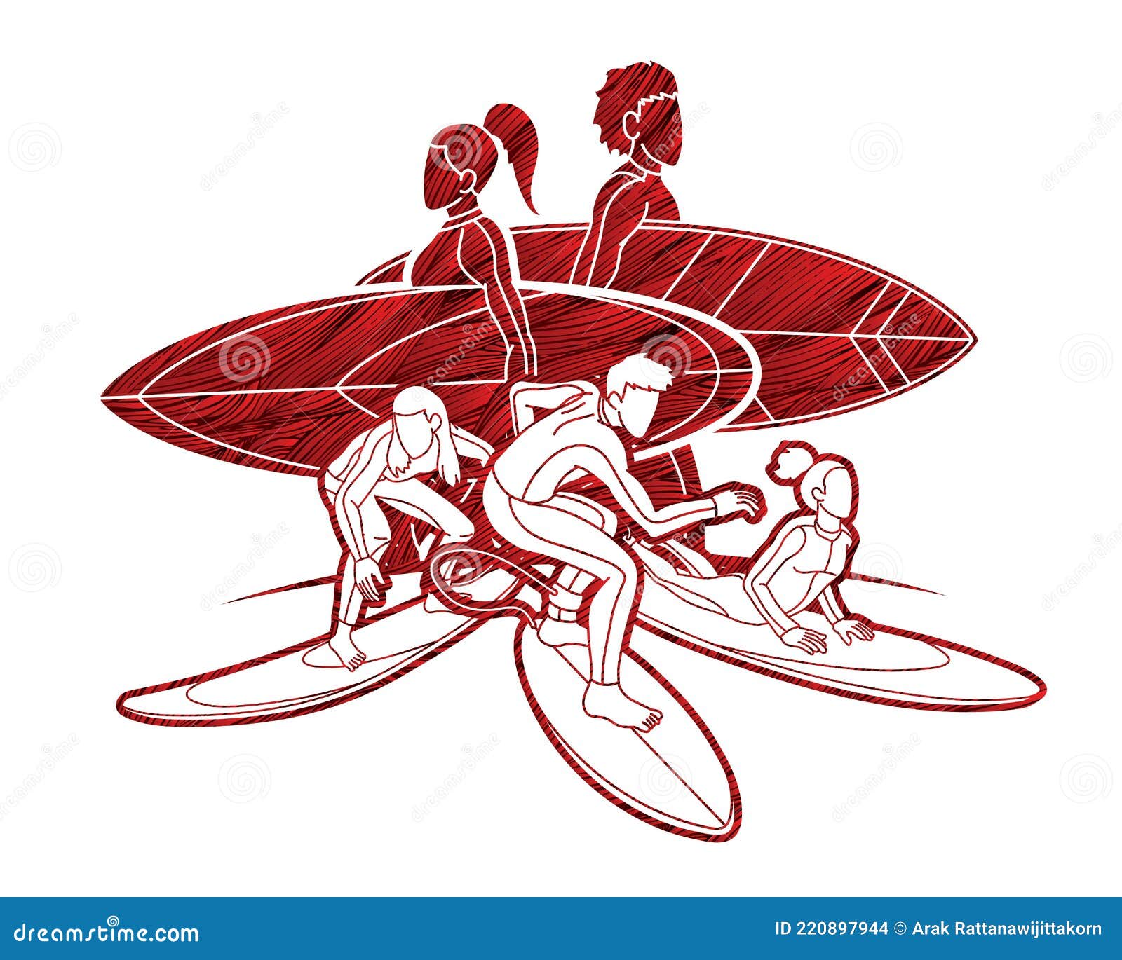 Surfer Action Group of Surfing Sport Man and Woman Players Cartoon ...