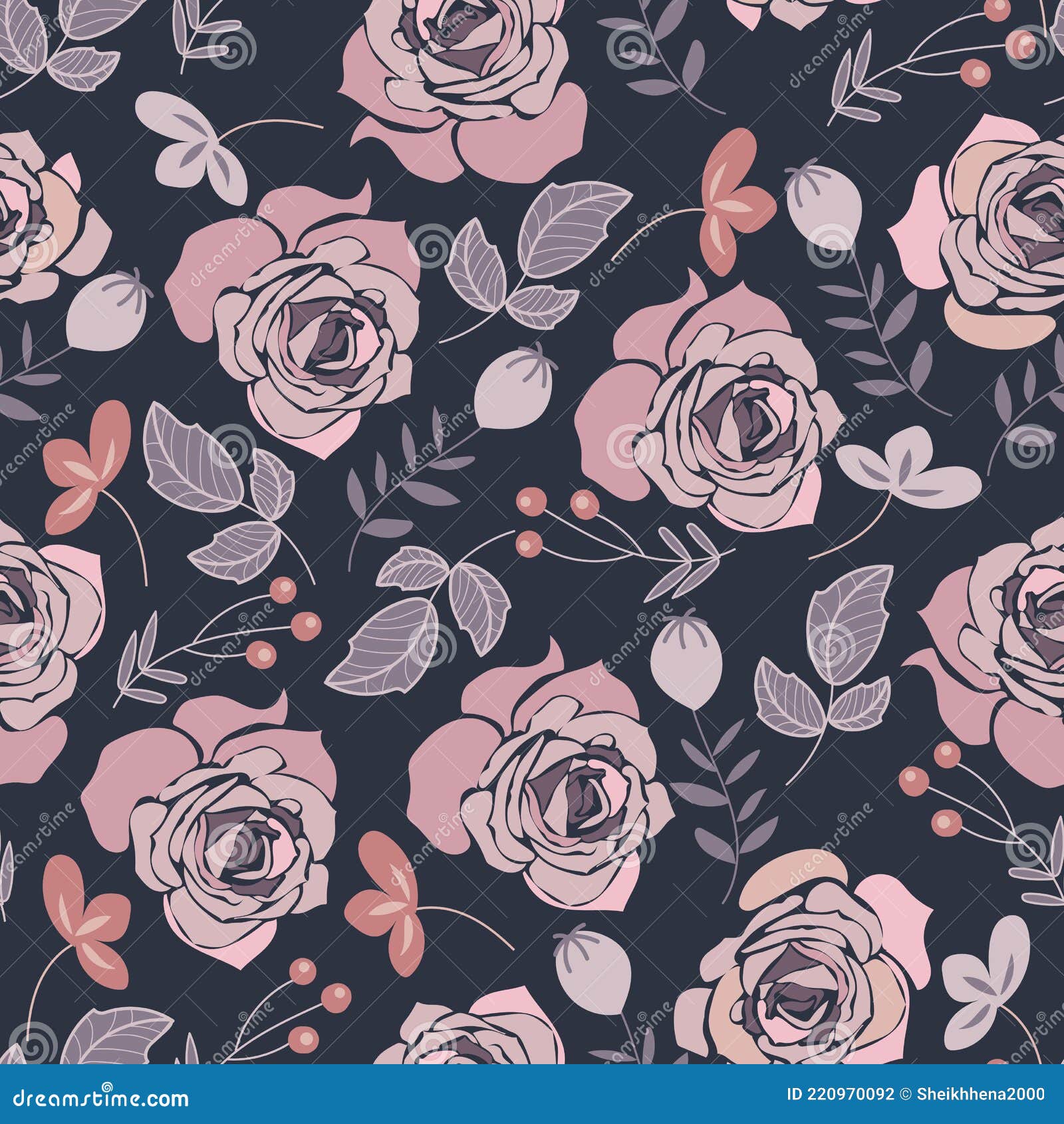 A Classic Vector Repeat Pattern of Roses, Cherries and Rose Hips As ...