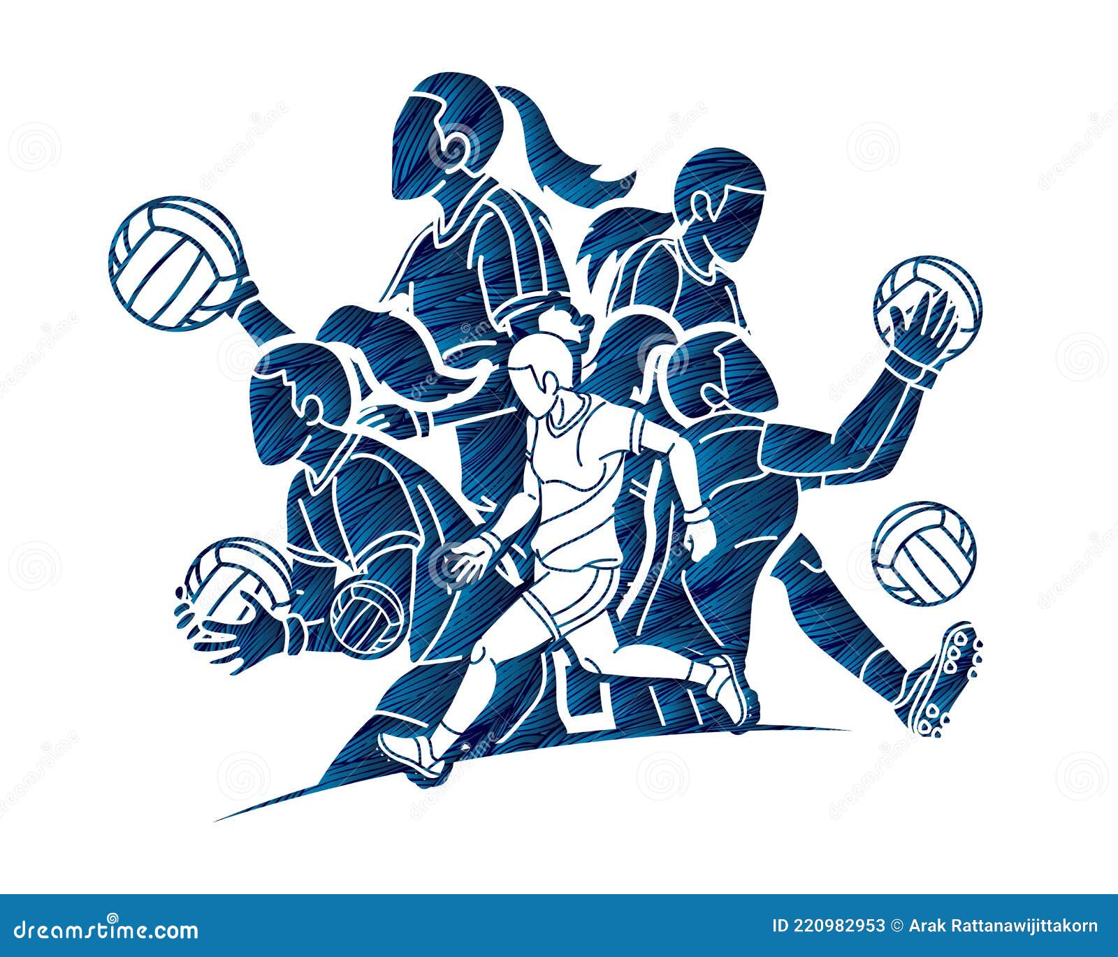Group of Gaelic Football Female Players Sport Action Cartoon Graphic ...