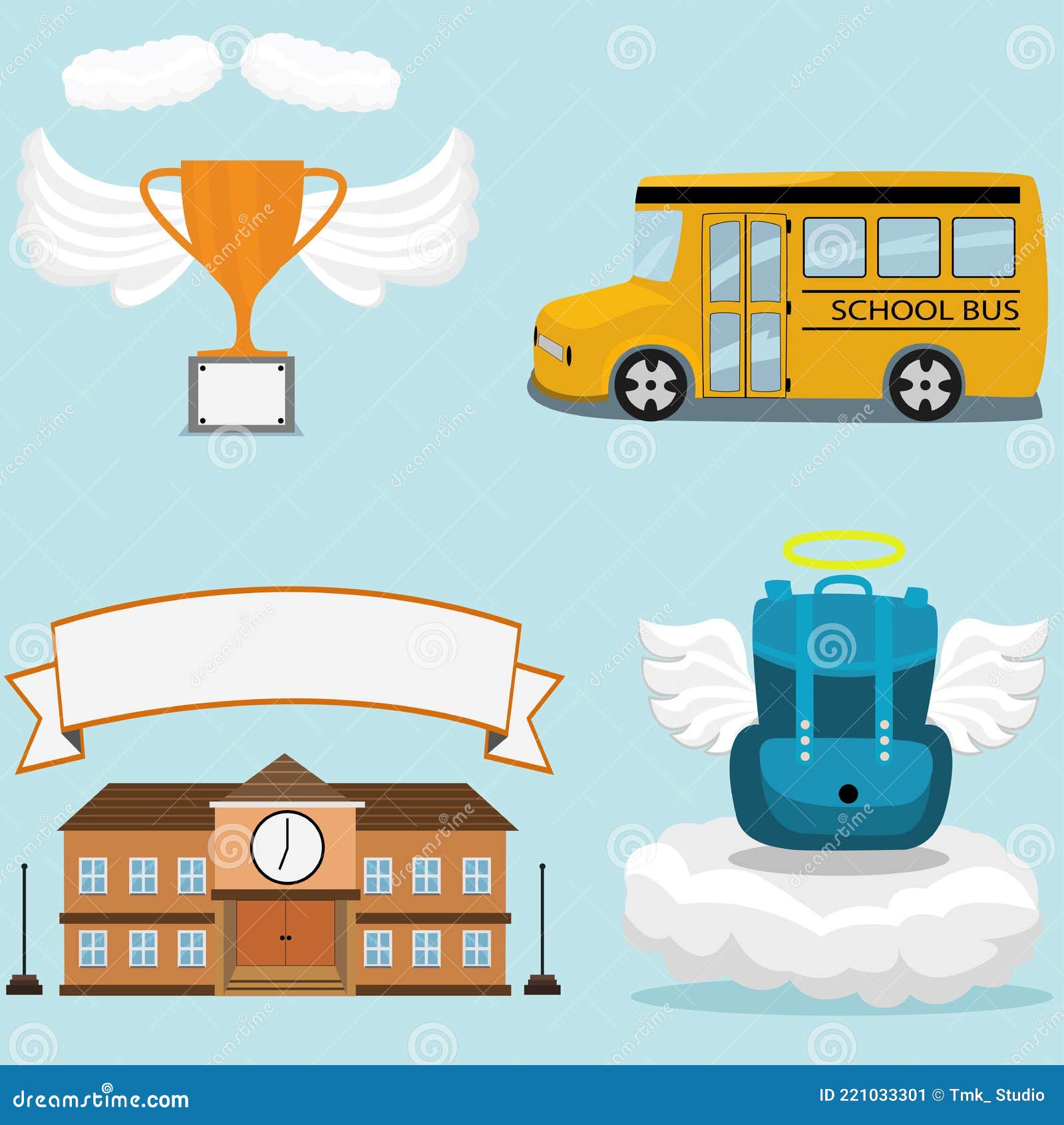 Illustration of Trophy, Bag, Bus, School and Blue Color Background ...