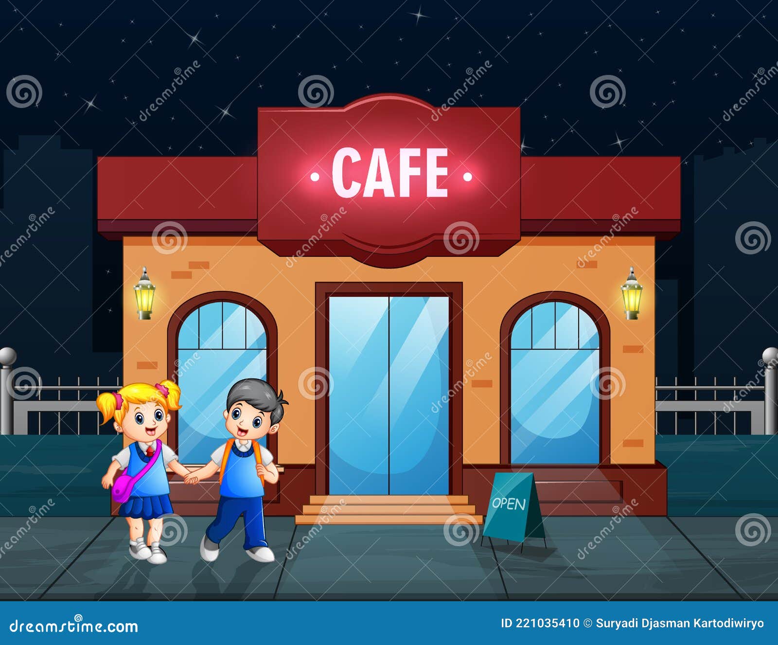 Happy School Children To Walk Past a Cafe Stock Illustration ...