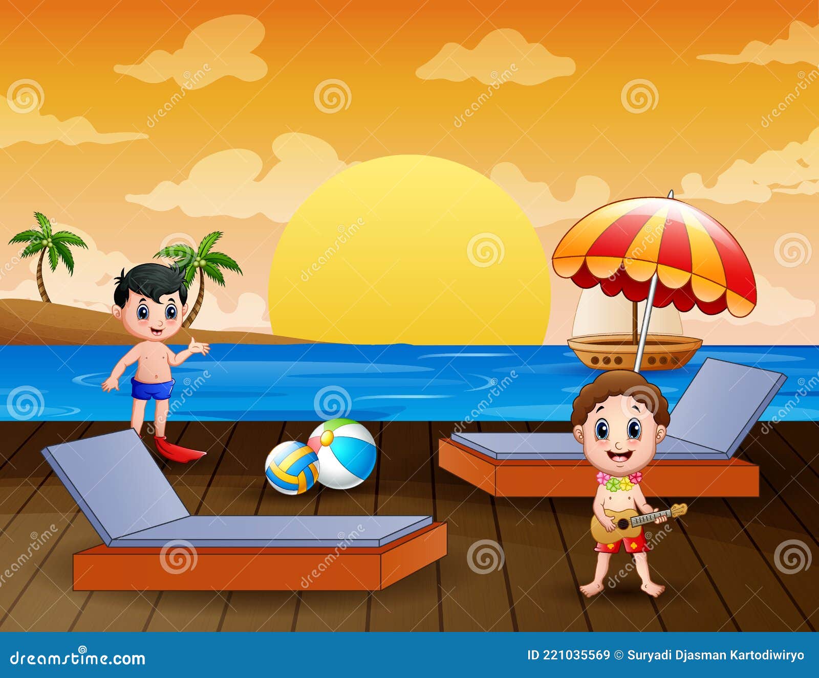 Happy Vacation Boys on the Sea Stock Vector - Illustration of cartoon ...