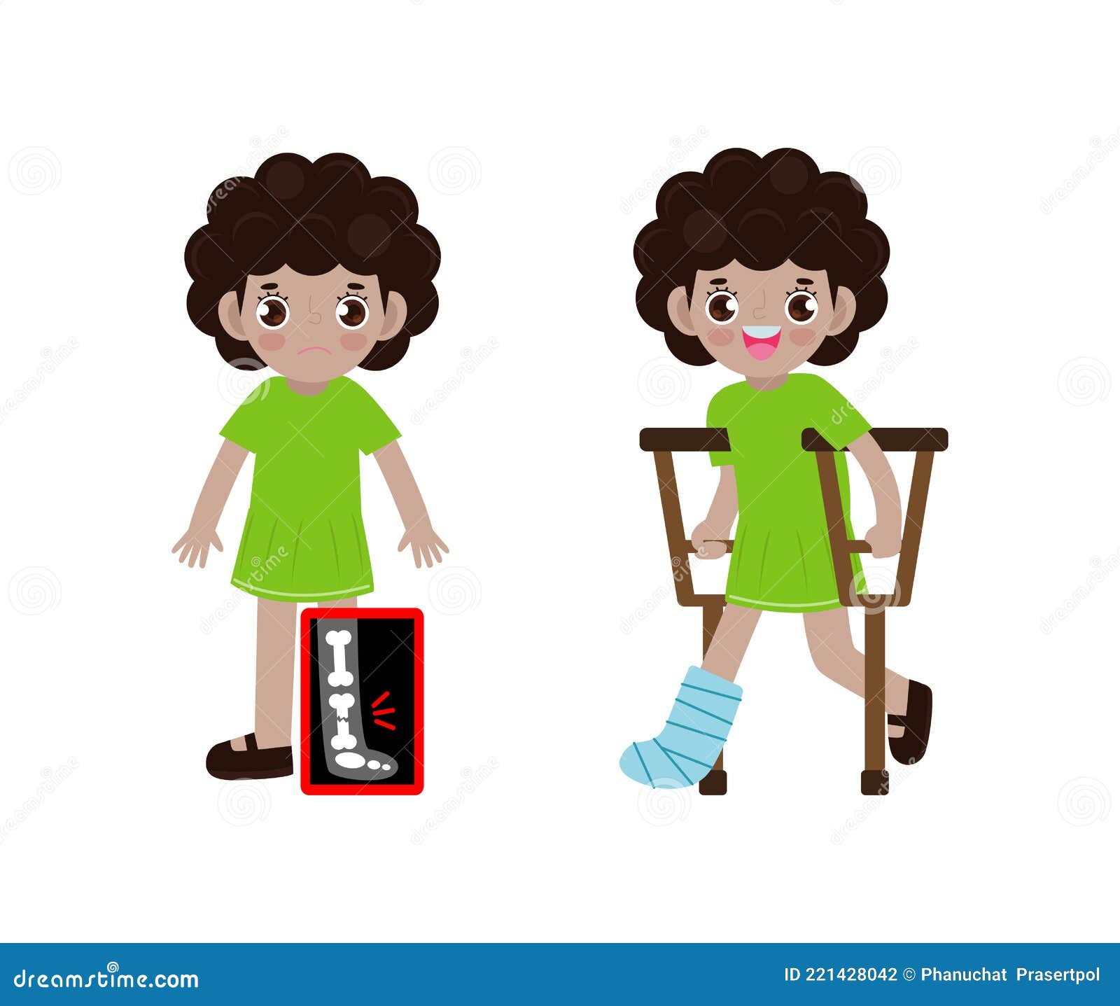 Cute Cartoon Caucasian Children with Broken Leg on X-ray and Recovering ...