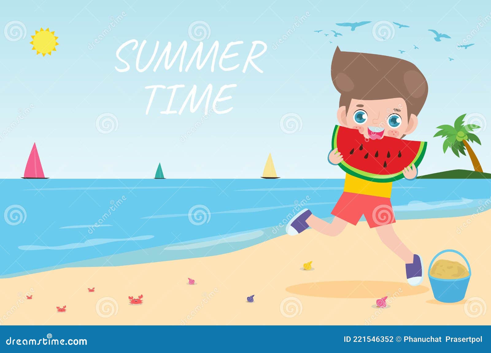 Summer Time Banner Template, Cute Little Kids Holding Watermelon and ...