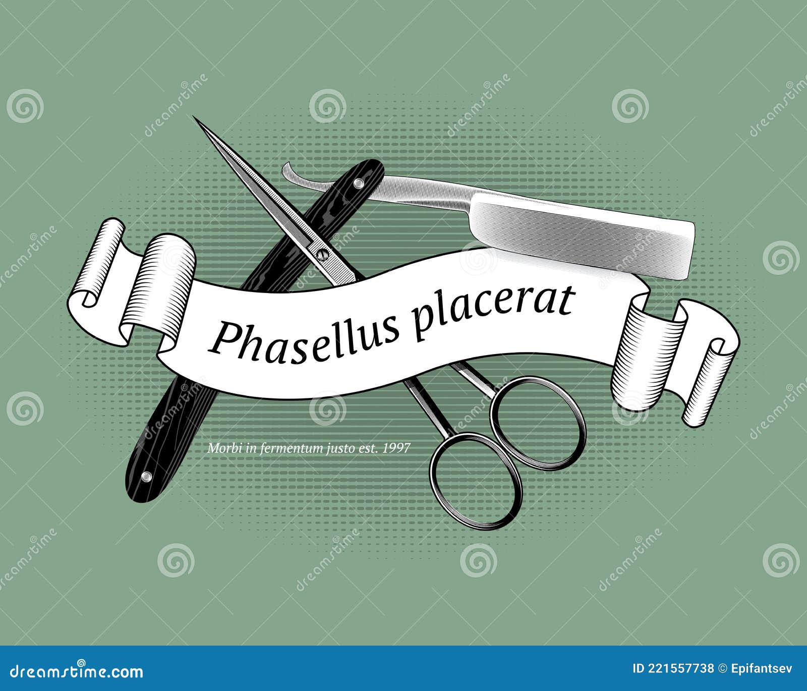 Razor and Scissors with Ribbon. Barbershop Emblem or Poster Template in ...