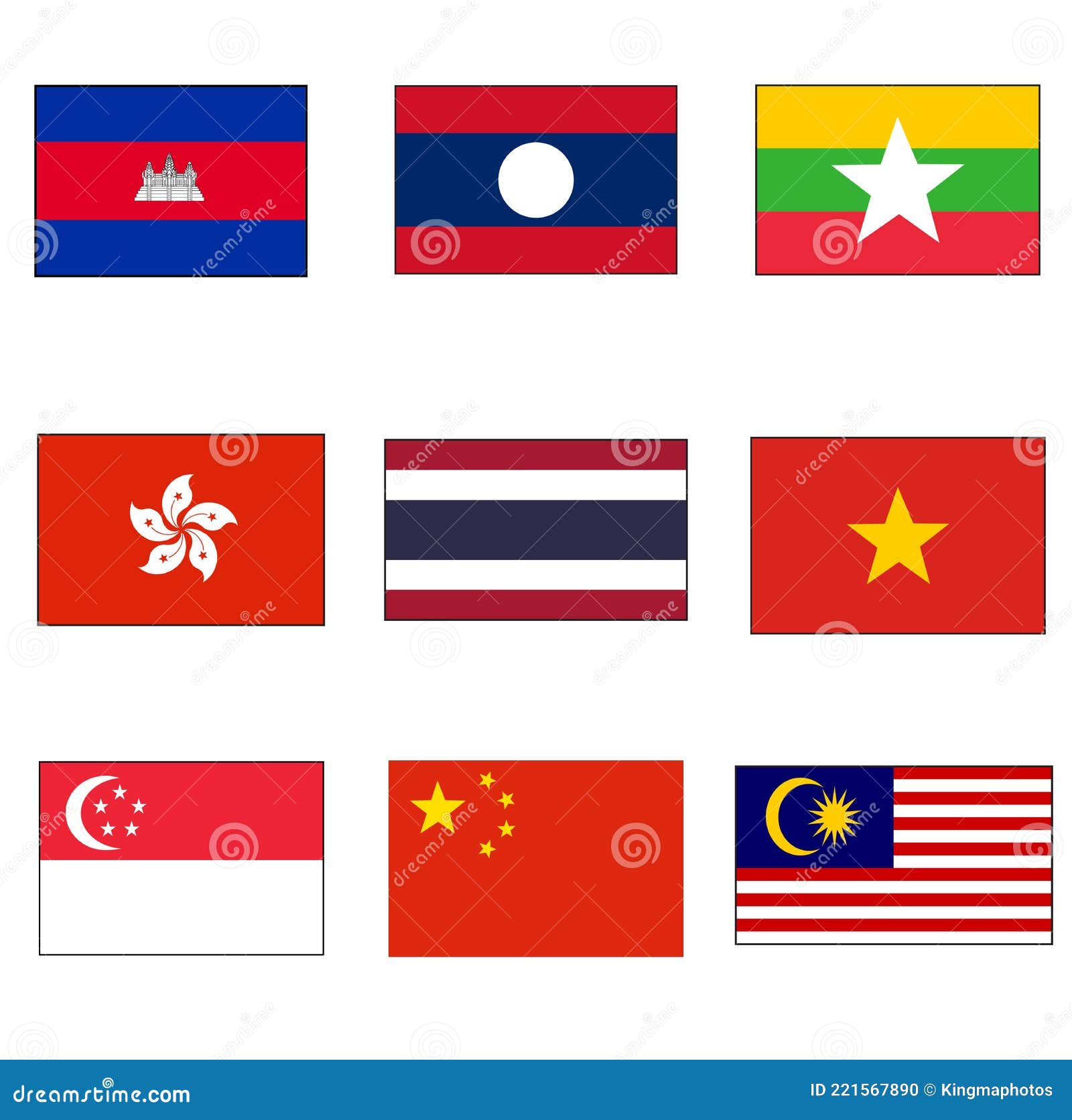 Southeast Asian Flag Rectangle Icon Set on Isolated White for Asia ...