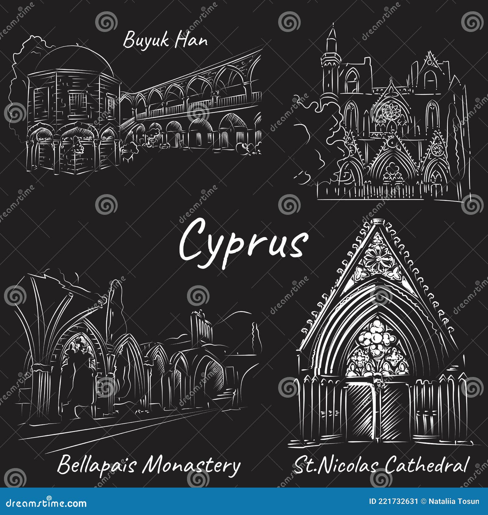 Collection Outline Drawing of Cyprus Landmarks. Stock Vector ...