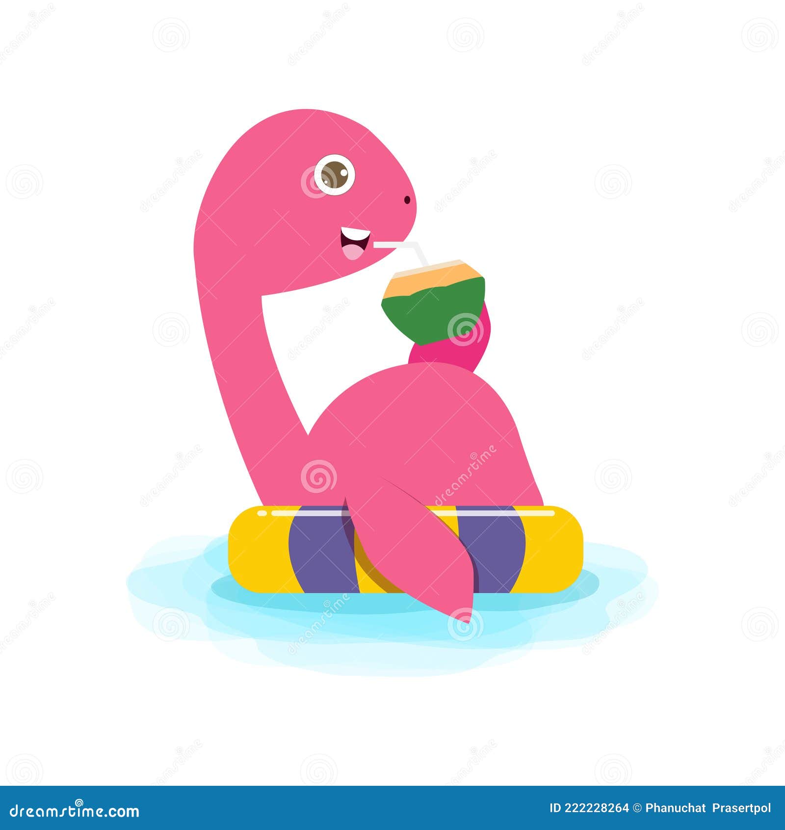 Summer Time of Cute Dinosaur Baby in Swimming Nd Rubber Ring in the Sea ...