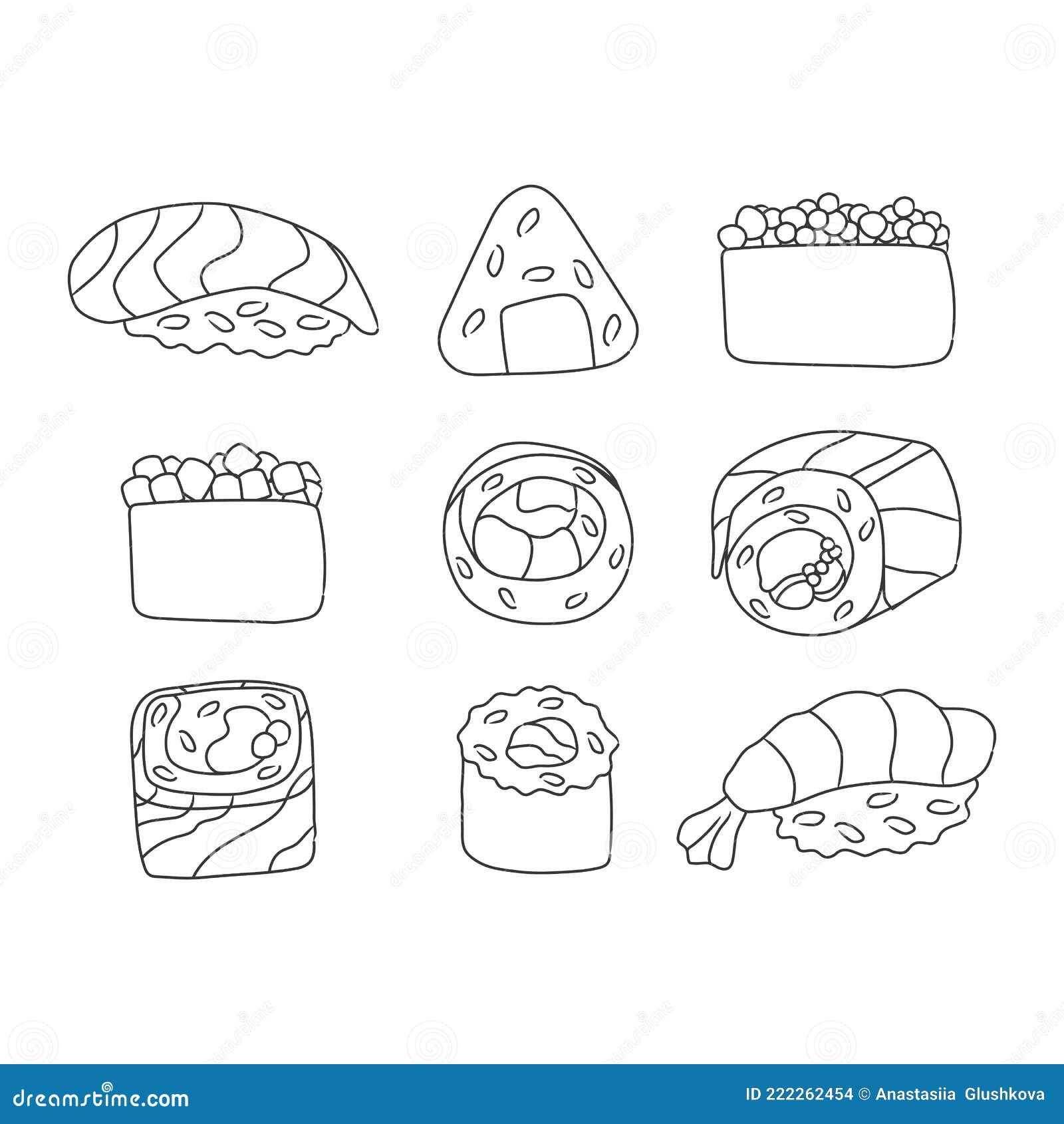 Doodle Set of Sushi and Rolls Outline Stock Vector - Illustration of ...