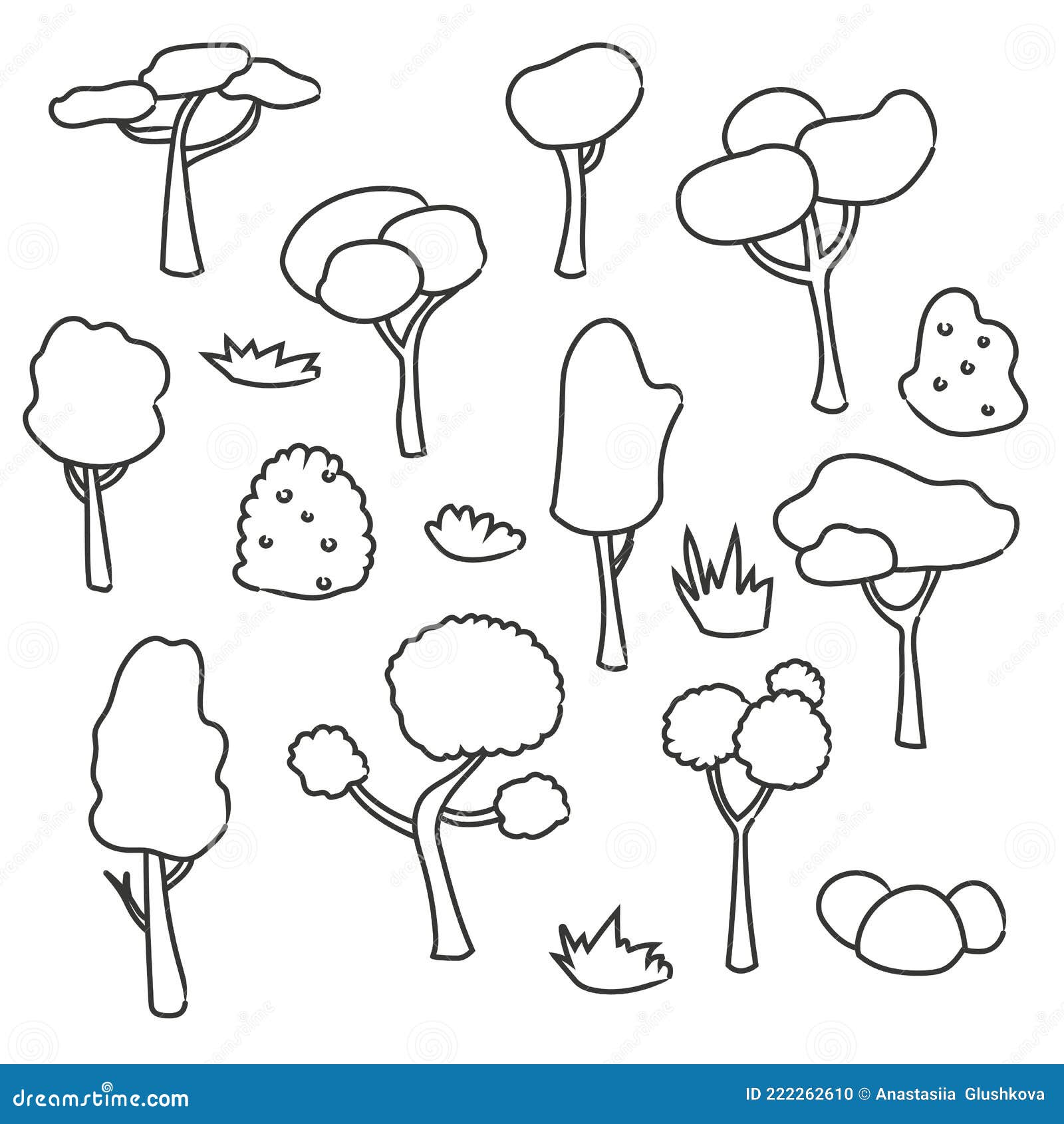 Set of Hand Drawn Summer Trees Outline, Bushes and Grass Stock Vector ...