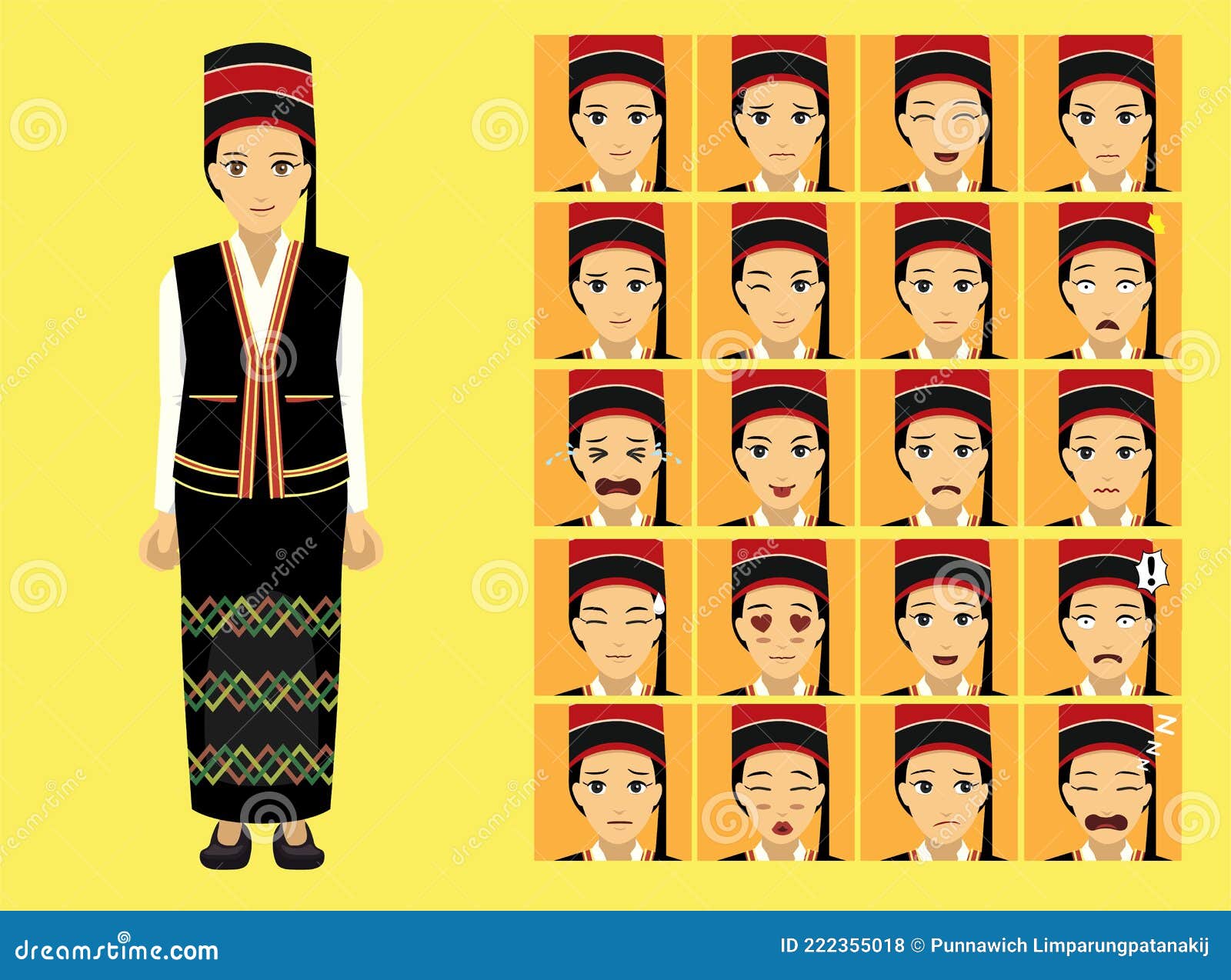Manga Style Myanmar Lahu Shan Woman Clothes Cartoon Character Emotion ...