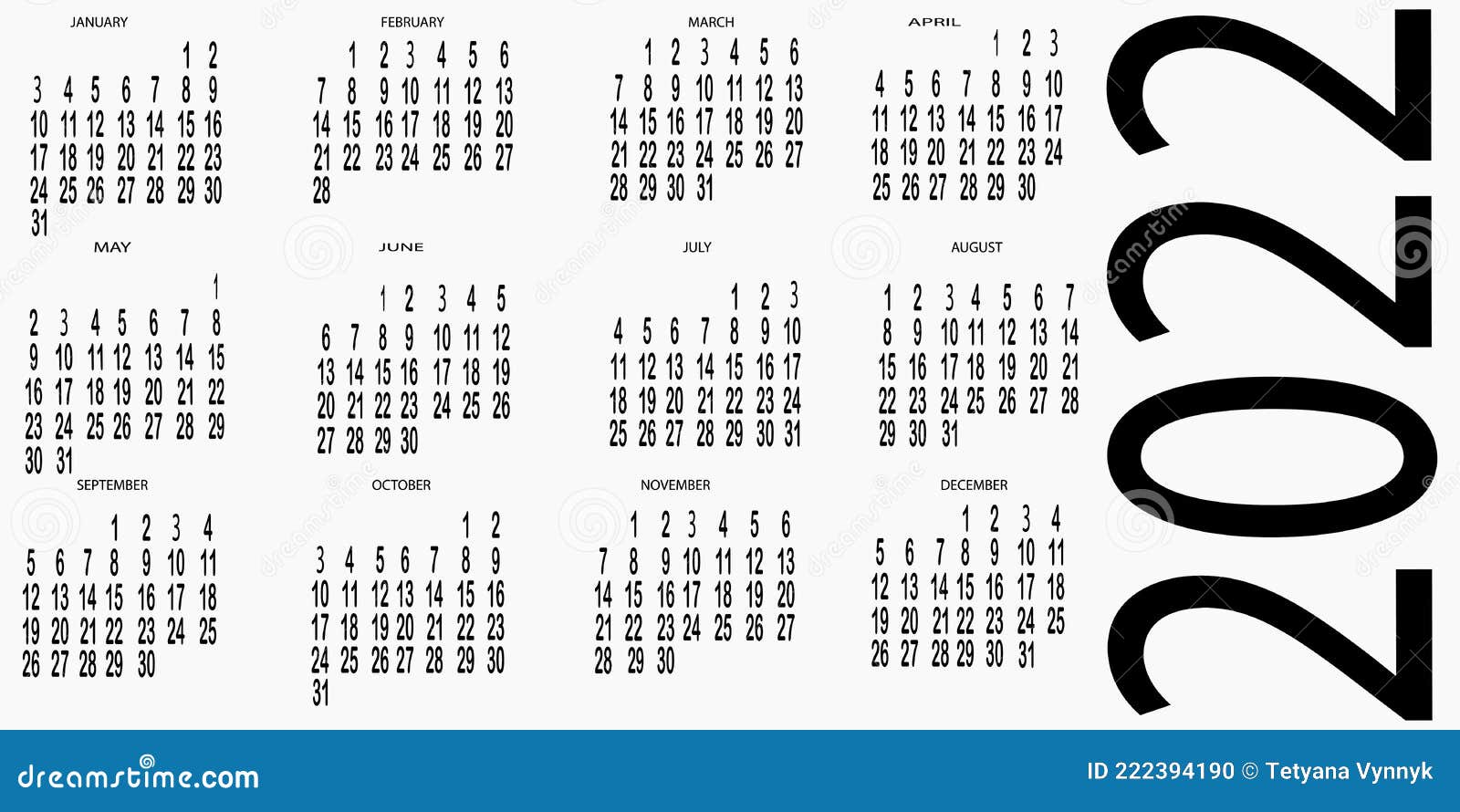 Calendar 2022. Week Starts on Monday, Basic Business Template ...