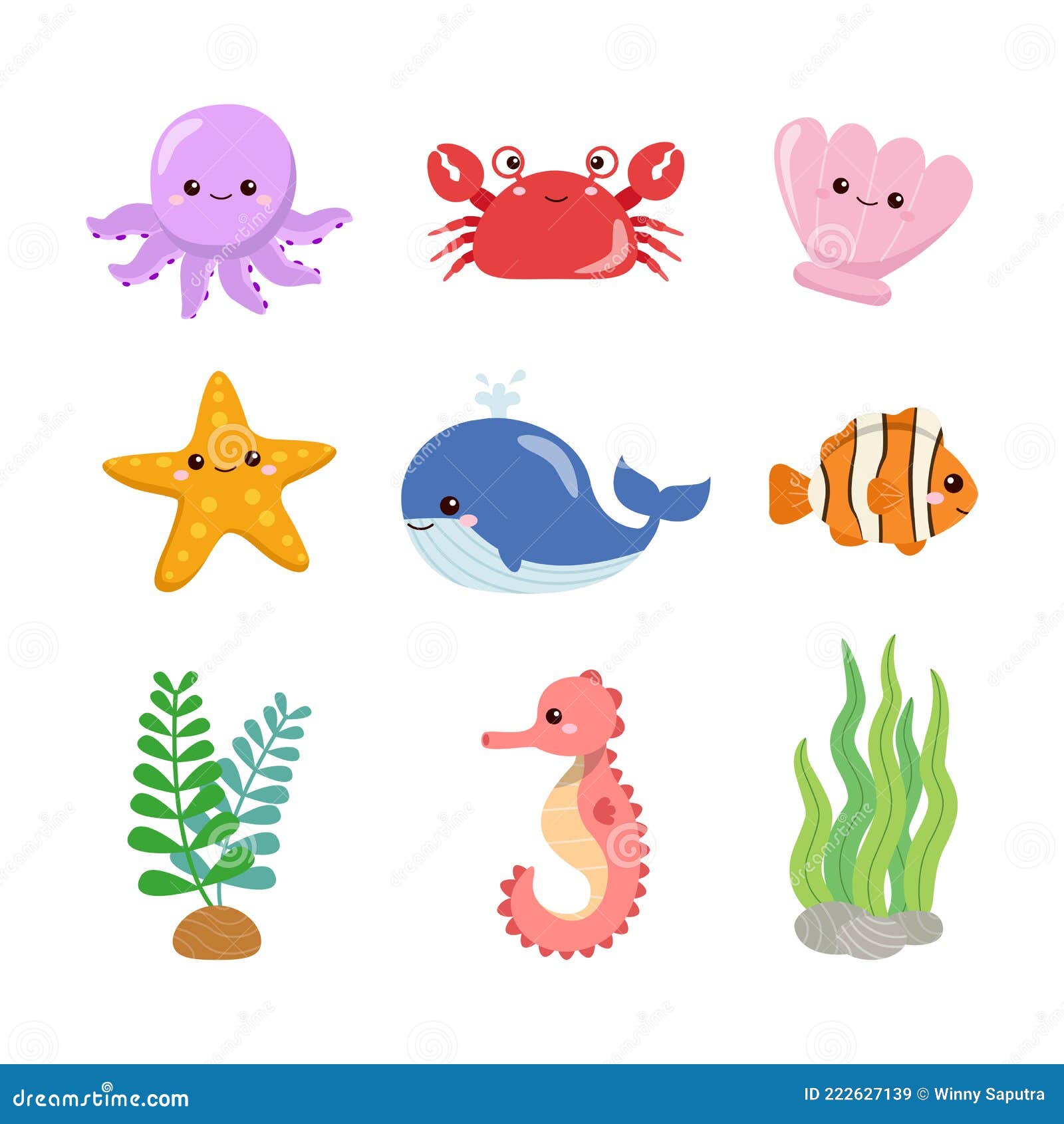 Collection Of Underwater Sea Creatures Jellyfish, Shrimp, Lobsters And ...