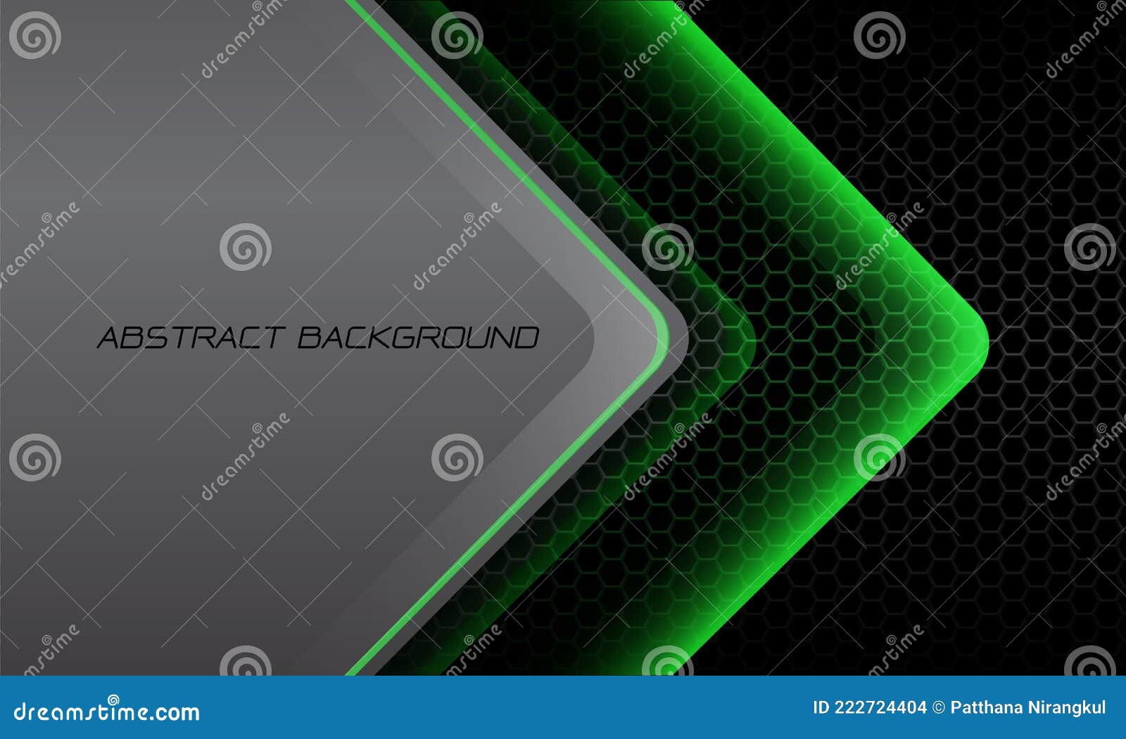 Abstract Green Light Arrow Glossy Direction On Dark Hexagon Mesh Pattern With Grey Metallic