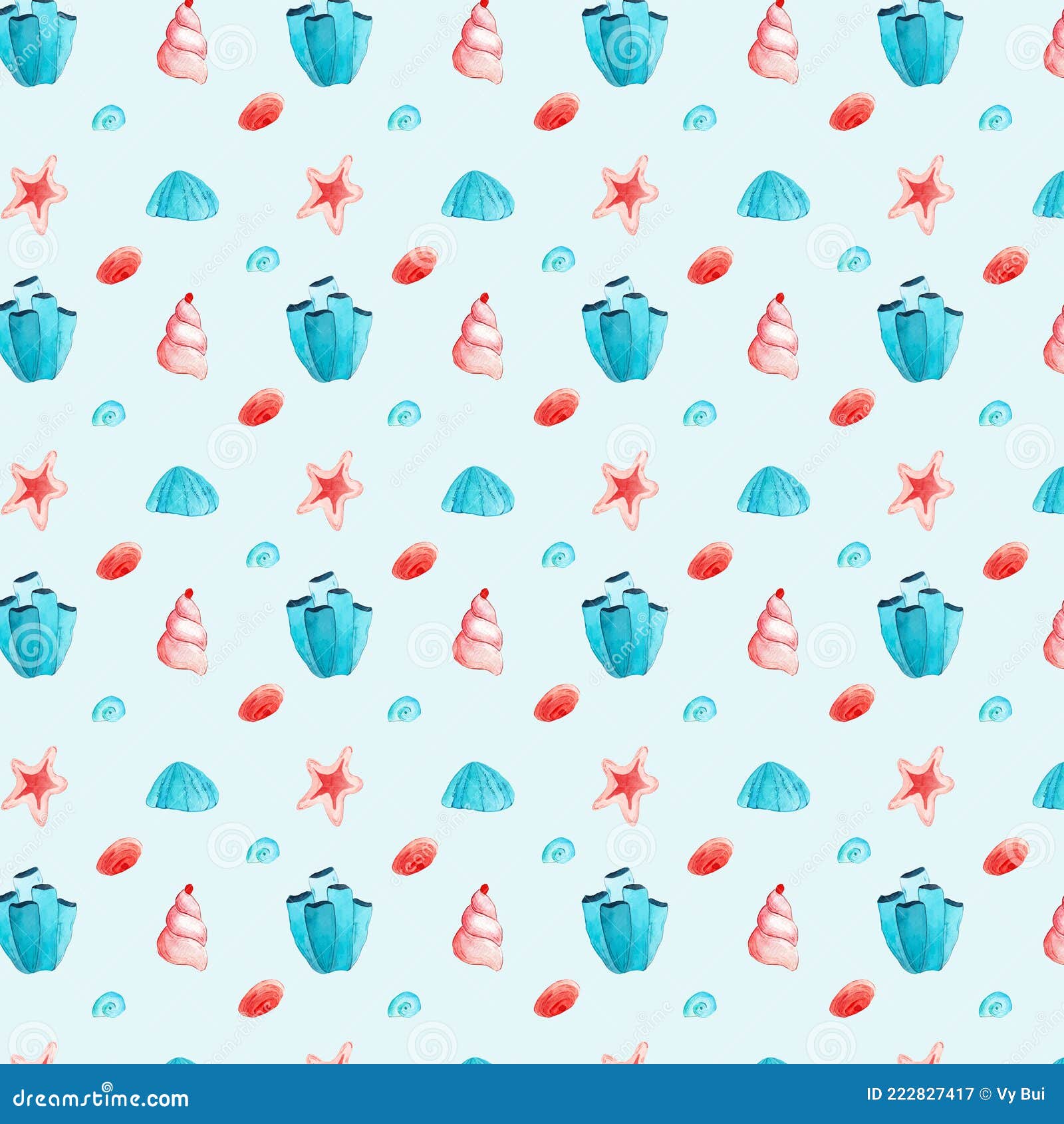 Blue and Pink Sealife Seamless Pattern. Seaweed, Algae Watercolor ...