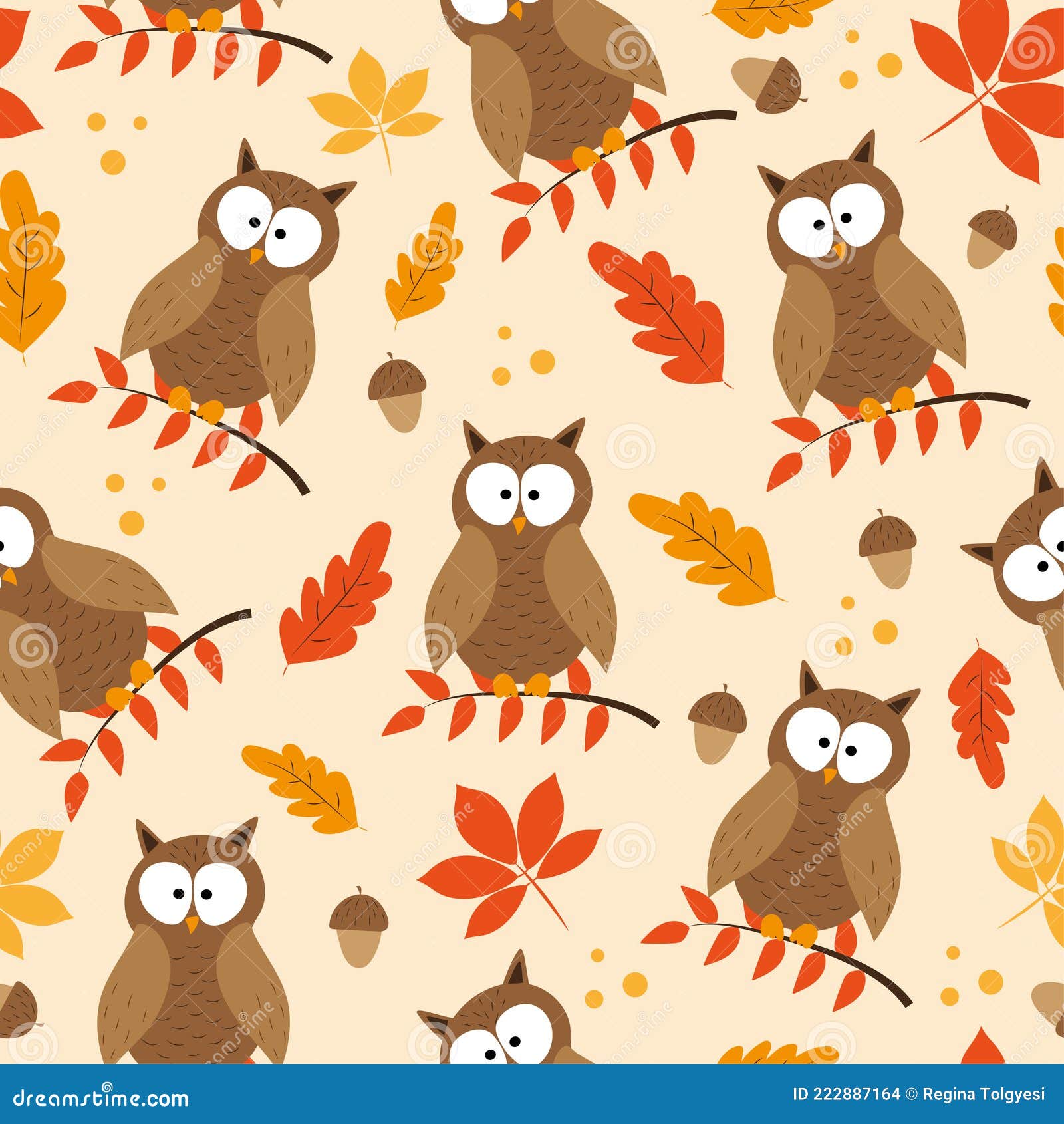 Autumnal Leaves and Owl Bird Seamless Pattern Stock Vector ...