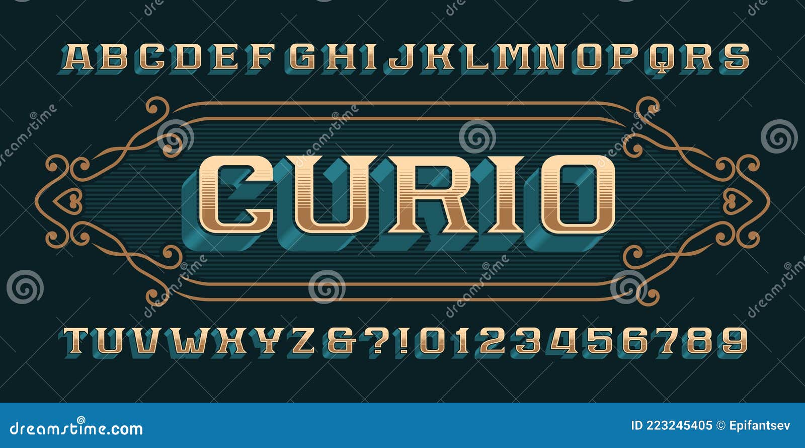Curio Alphabet Font. Vintage 3d Letters, Numbers and Symbols for Label ...
