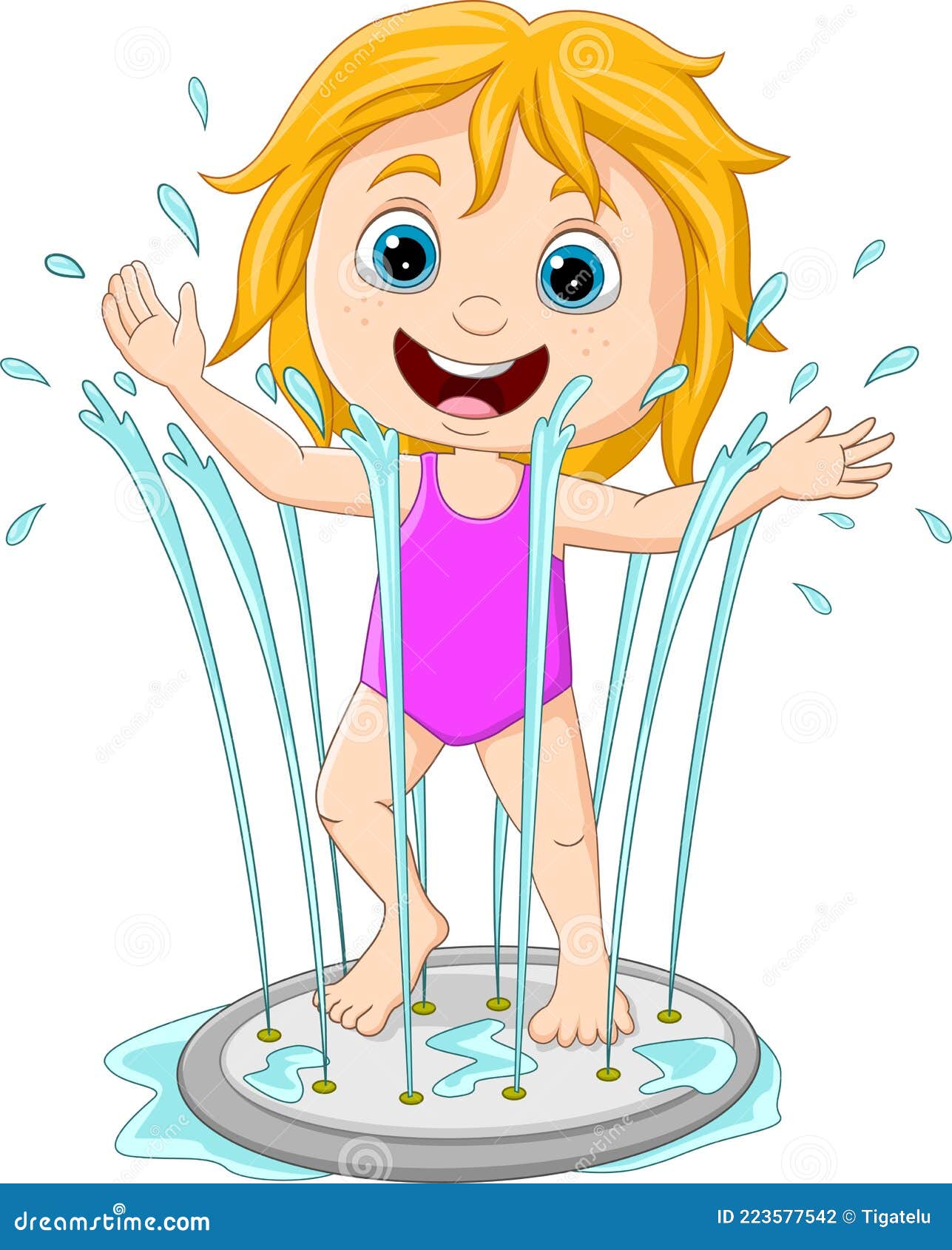 Cartoon Little Girl Playing Water Fountain Stock Vector - Illustration ...