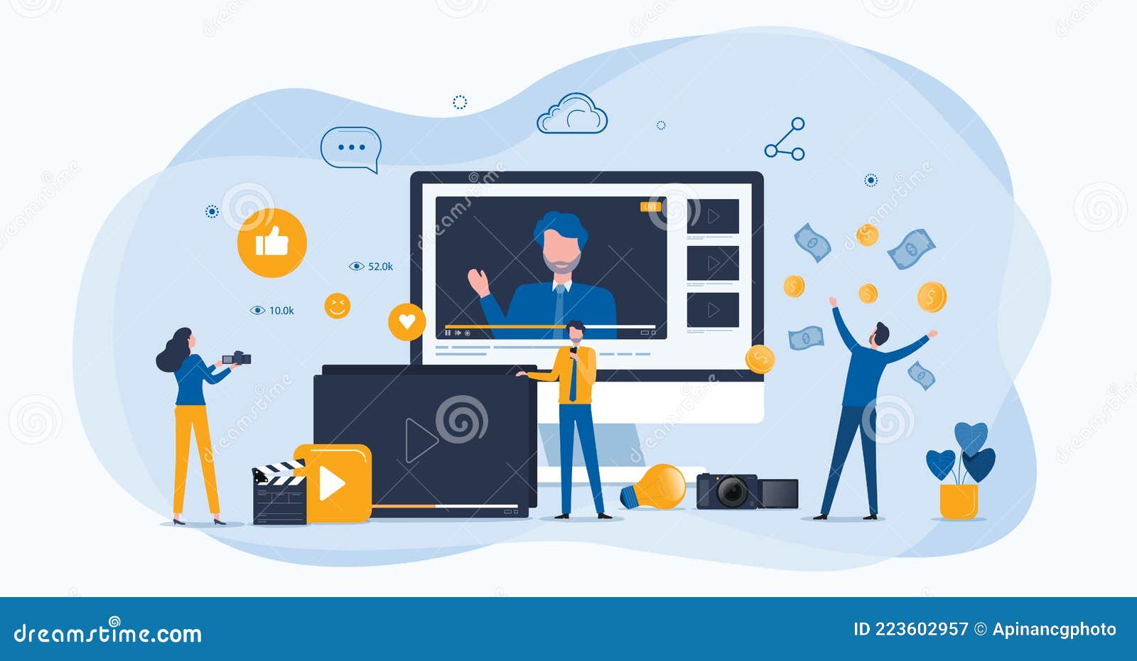 Flat Vector Illustration Video Content Creator Team Working and Make ...