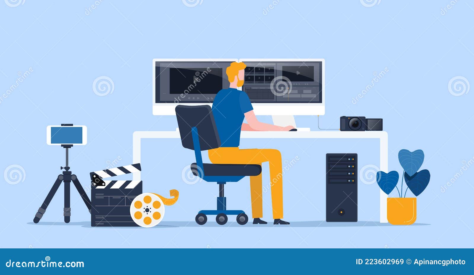 Flat Vector Video Production Team Working and Editor Making a Video ...