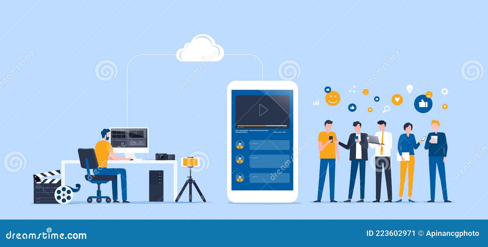 Flat Vector Illustration Video Editor Team Working and Making a Video ...