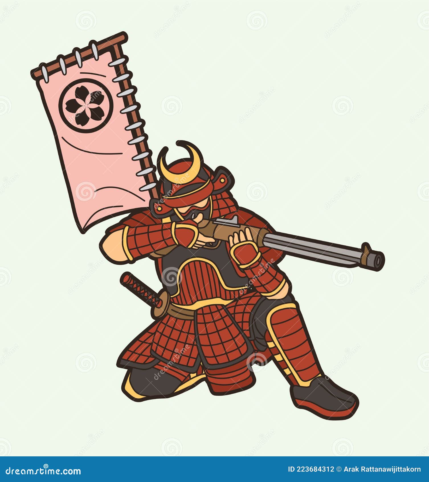 Samurai Warrior with Gun Action Japanese Fighter Cartoon Graphic Vector ...