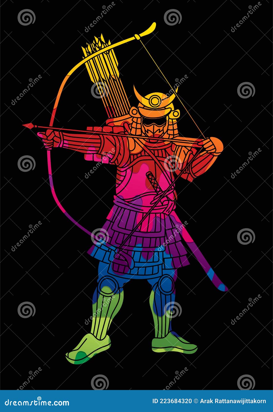 Samurai Warrior with Bow Action Japanese Fighter Archer Cartoon Graphic ...