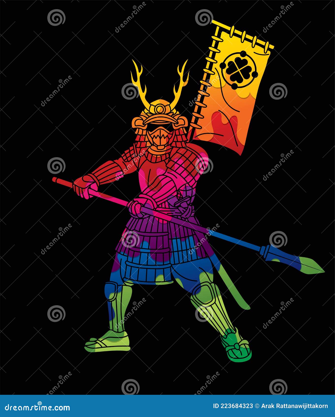 Samurai Warrior Action with Spear Japanese Fighter Cartoon Graphic ...