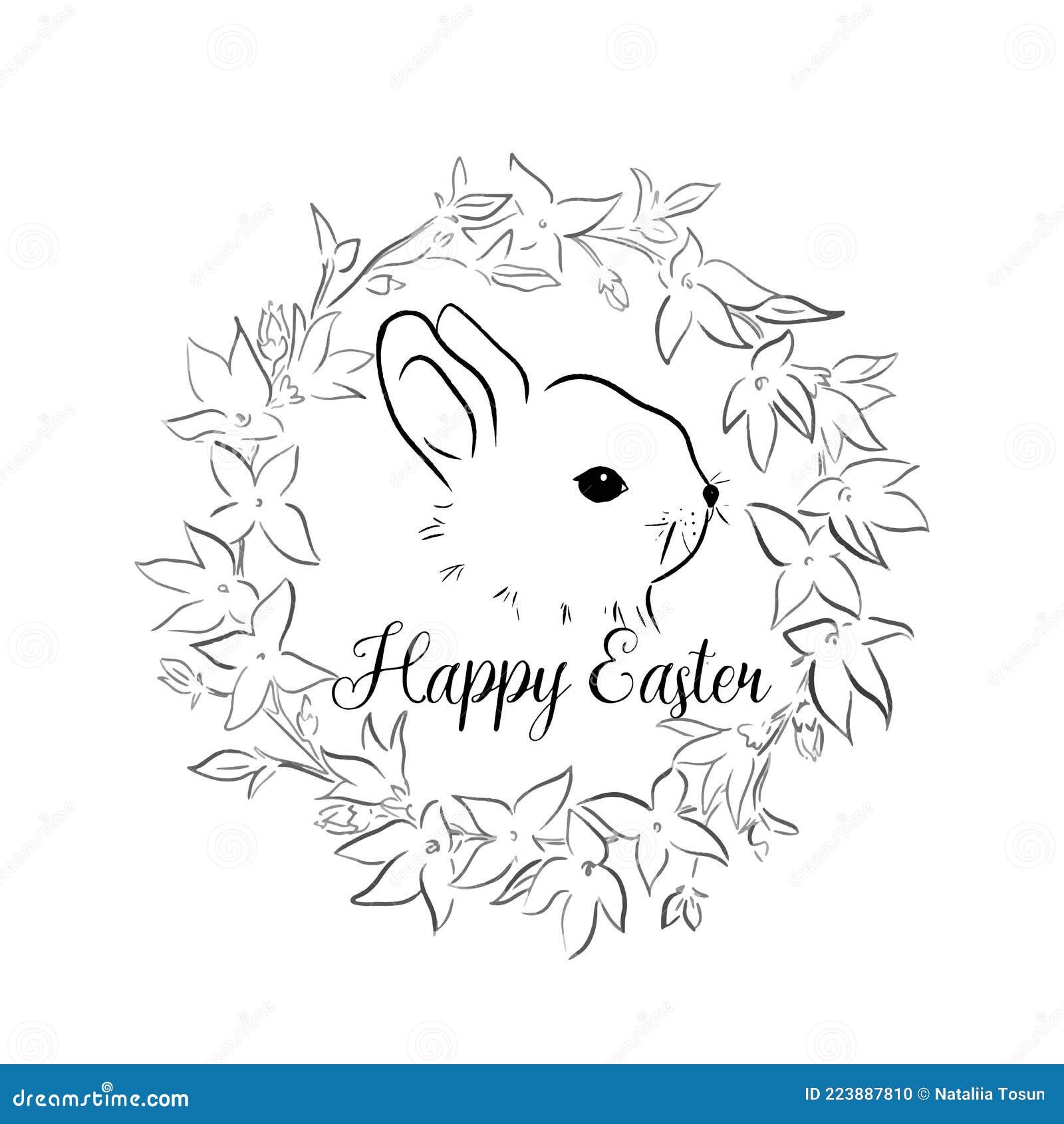 Vector Illustration Card. Elegant Outline Drawing of Cute Rabbit, Happy ...