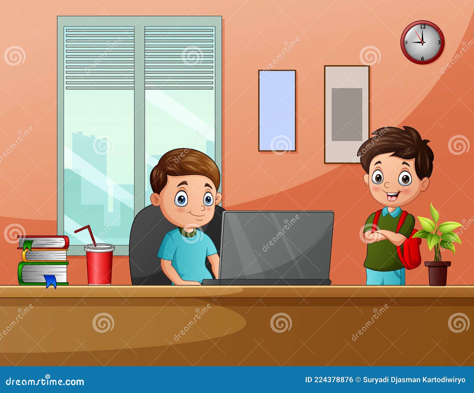 Cartoon the Children Playing with Computer in the Desk Stock Vector ...