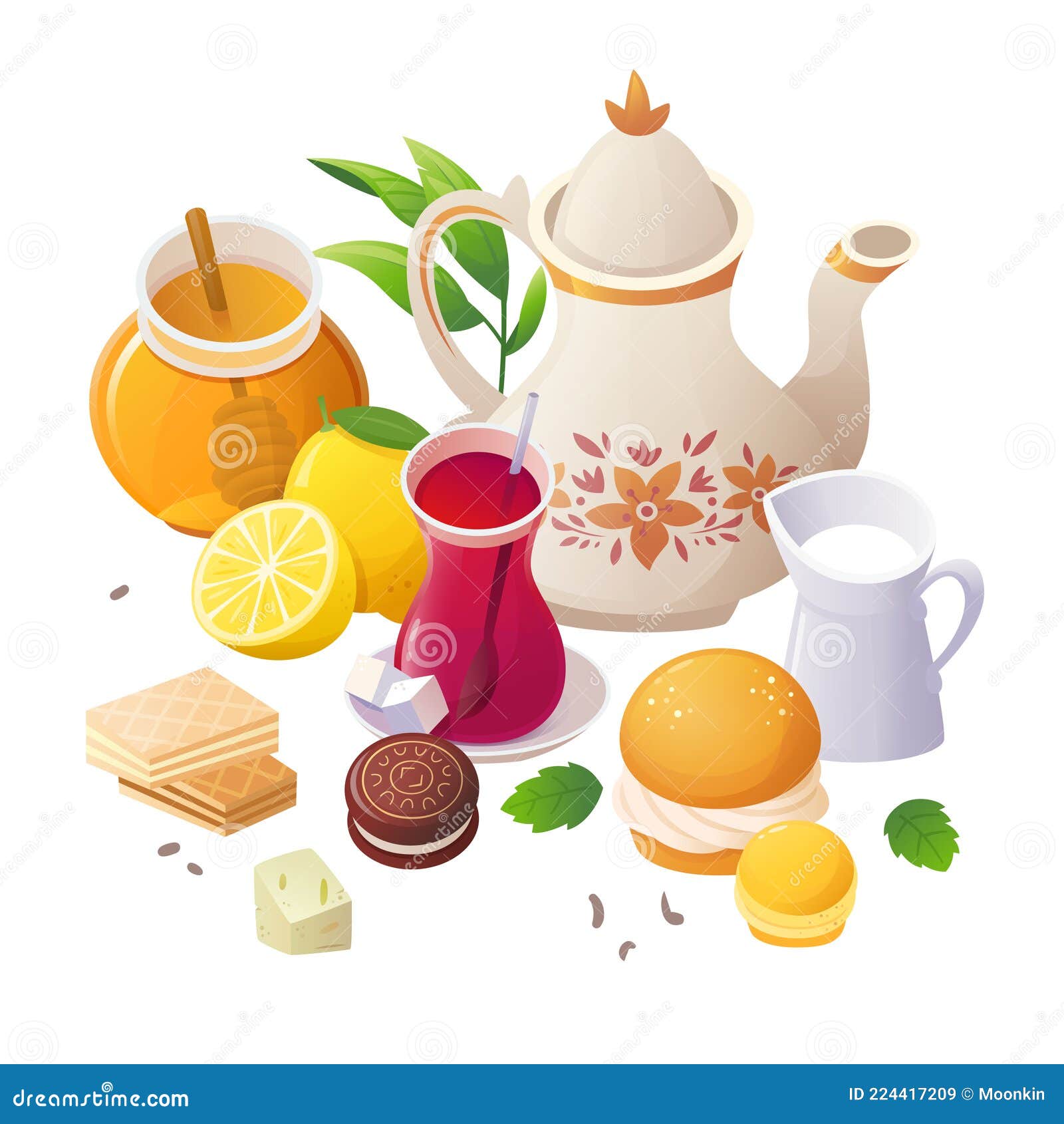 Tea Time. Vector Illustration with Cups and Kettles and Supplements ...